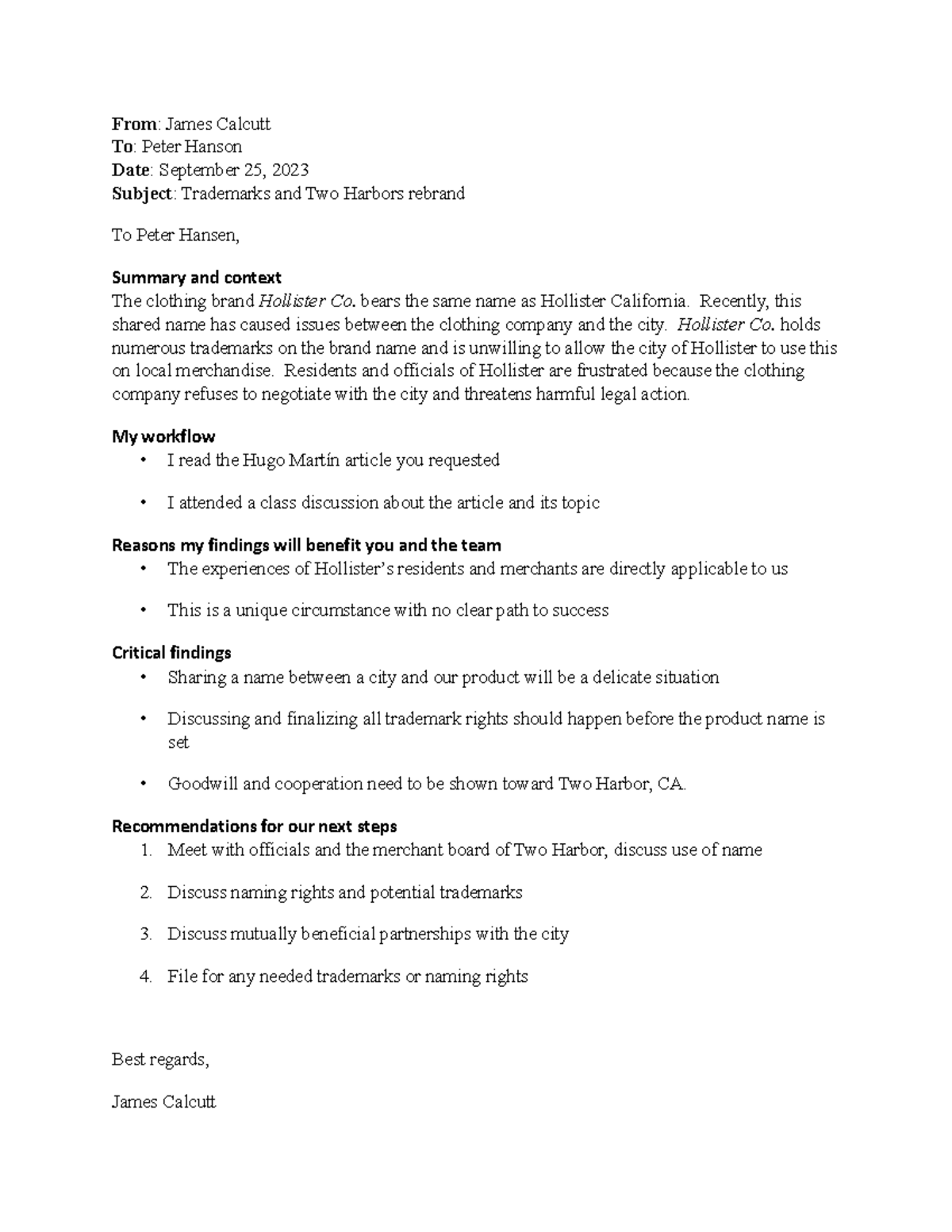 Memo Rough Draft - From: James Calcutt To: Peter Hanson Date: September ...