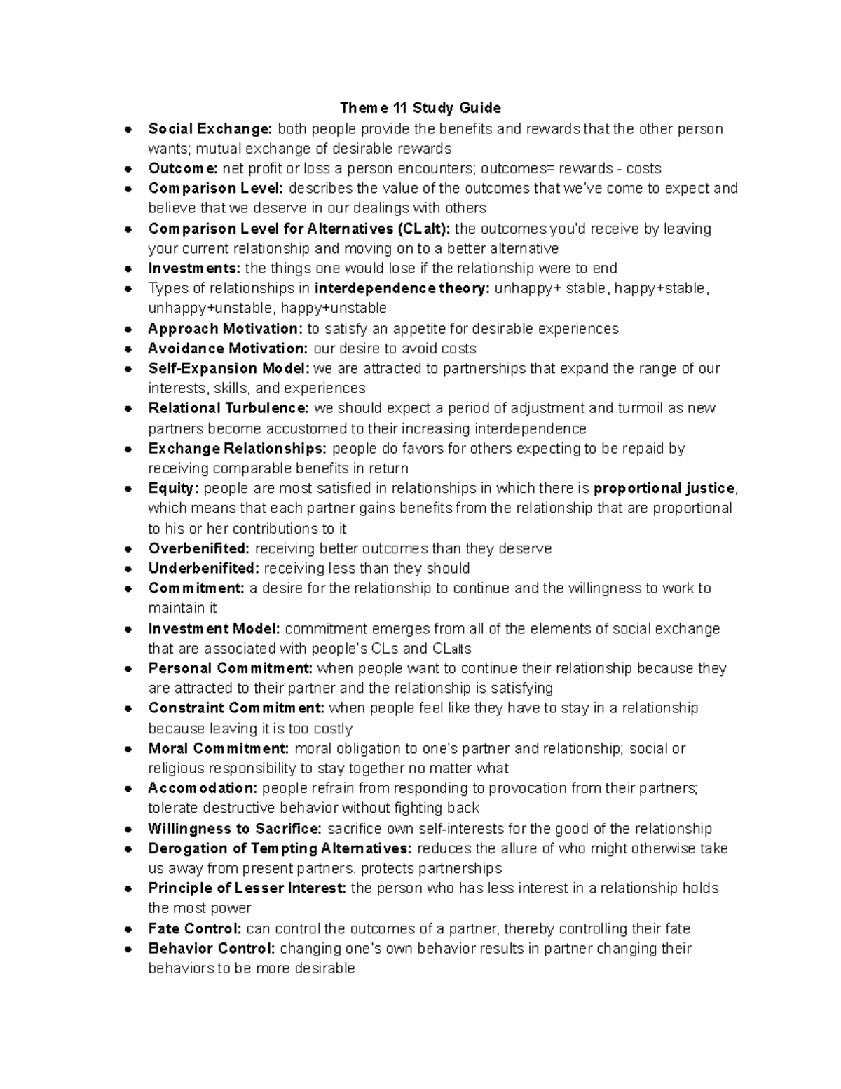 HDFS 1060 Theme 11 Study Guide - Theme 11 Study Guide Social Exchange ...