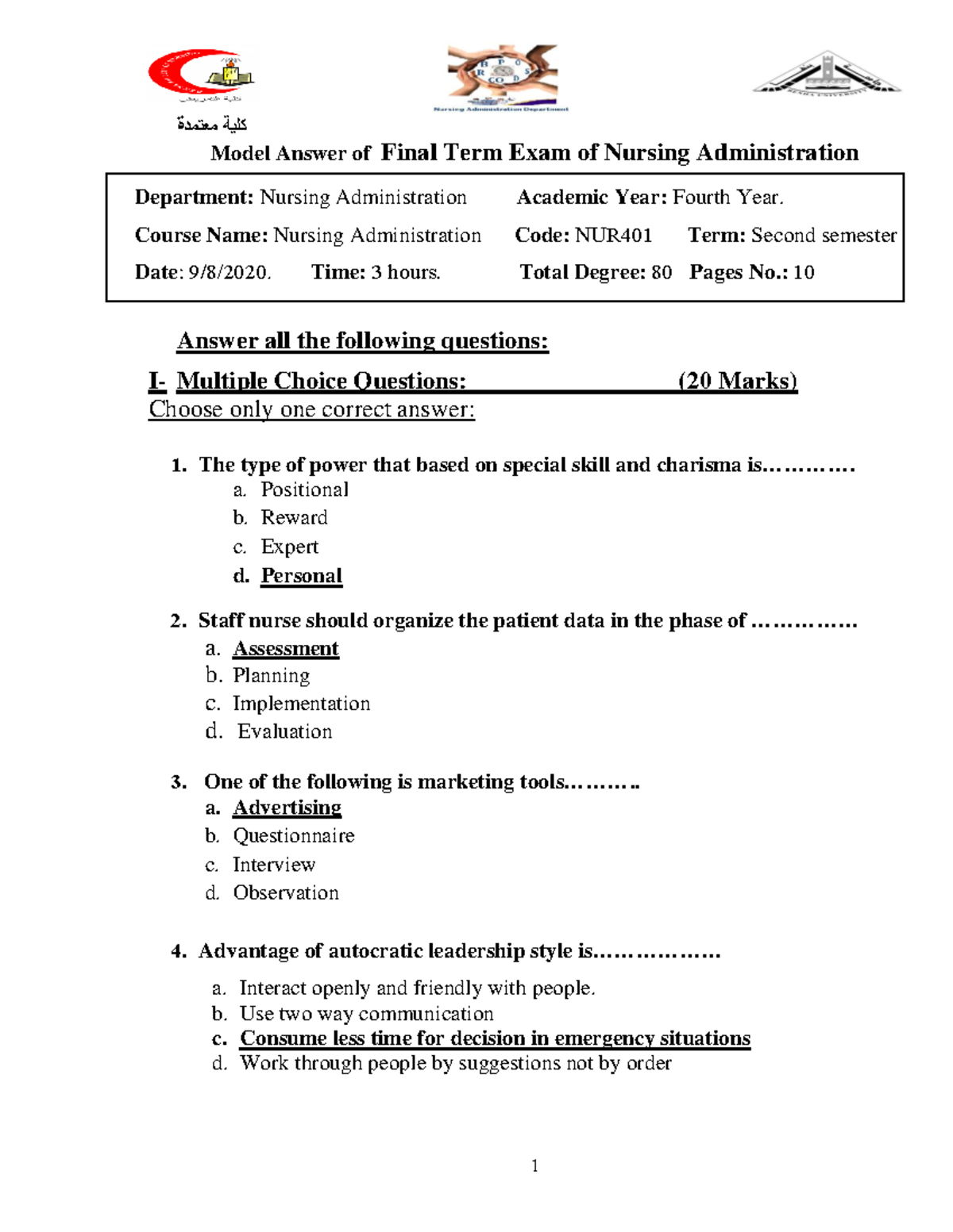 Model answeref wefwefwef - ةمعتمد كلية Model Answer of Final Term Exam ...