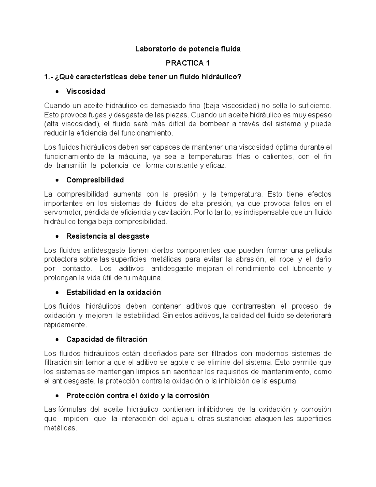 Practica 1 Potencia fluida - Laboratorio de potencia fluida PRACTICA 1 1.- ¿Qué características ...