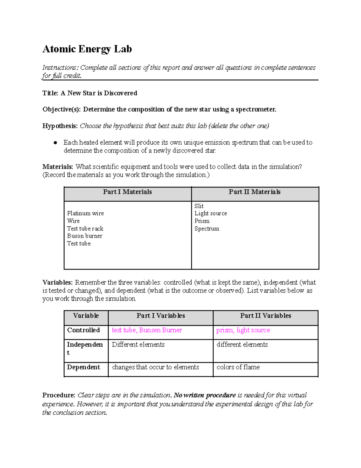 Chemistry Chemistry - Atomic Energy Lab Instructions: Complete all ...