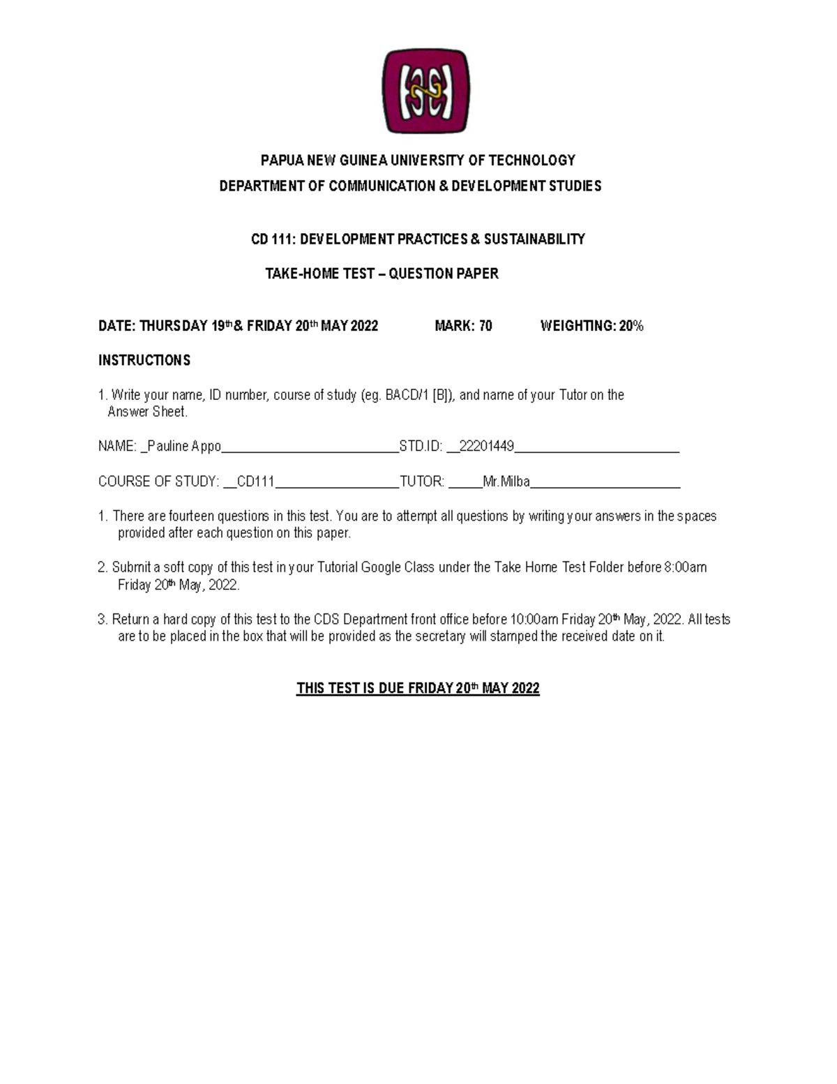 CD 111 Take-Home Test Question Paper Semester 1 2022 - PAPUA NEW GUINEA ...
