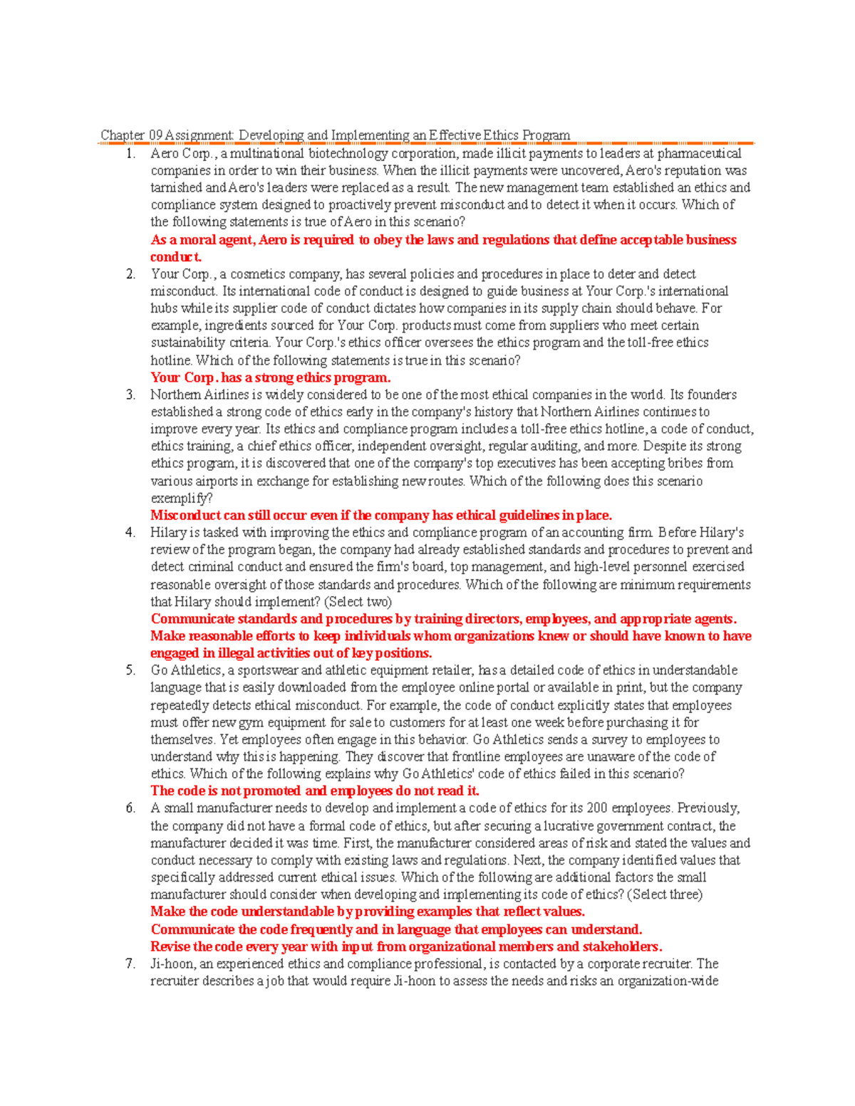 Chapter 9 Assignment - Developing and Implementing an Effective Ethics Program - Aero Corp., a ...