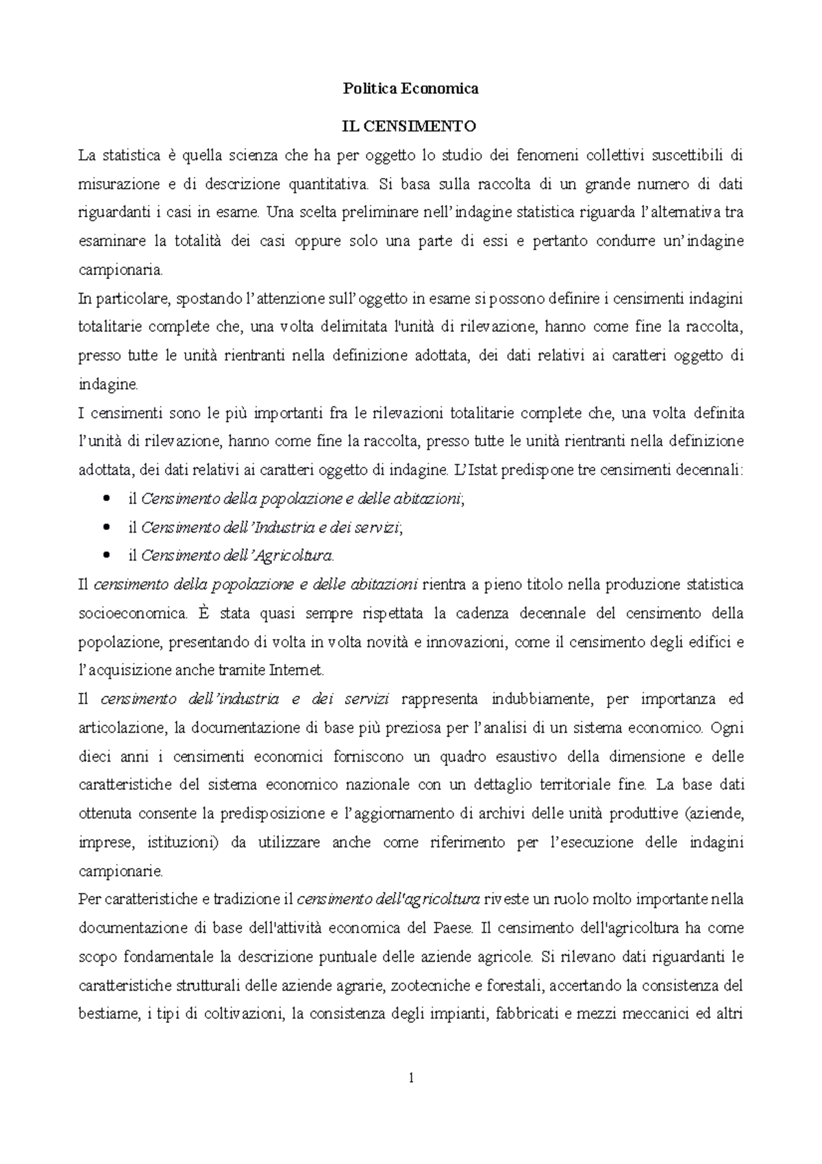 Saggio Politica Economica I Censimenti - Politica Economica IL ...