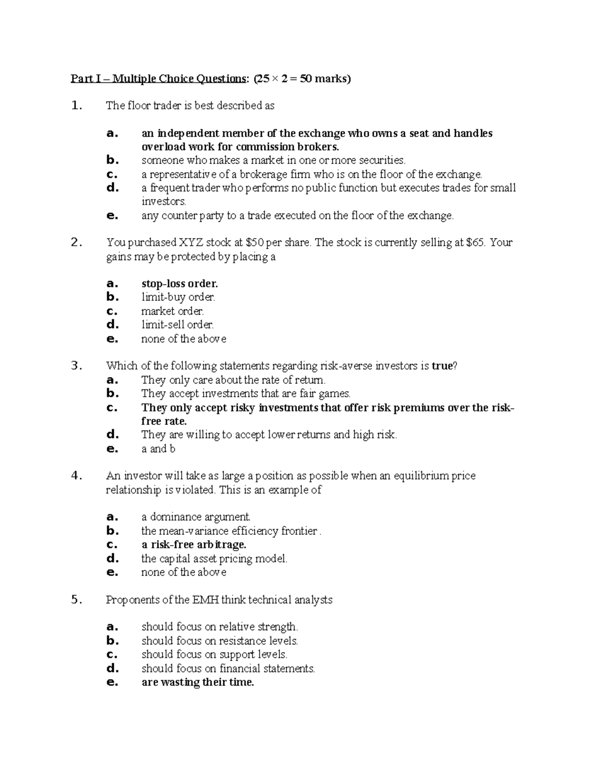 FNCE401v8 sample questions 2 KEY - Part I – Multiple Choice Questions: (25 × 2 = 50 marks) The ...