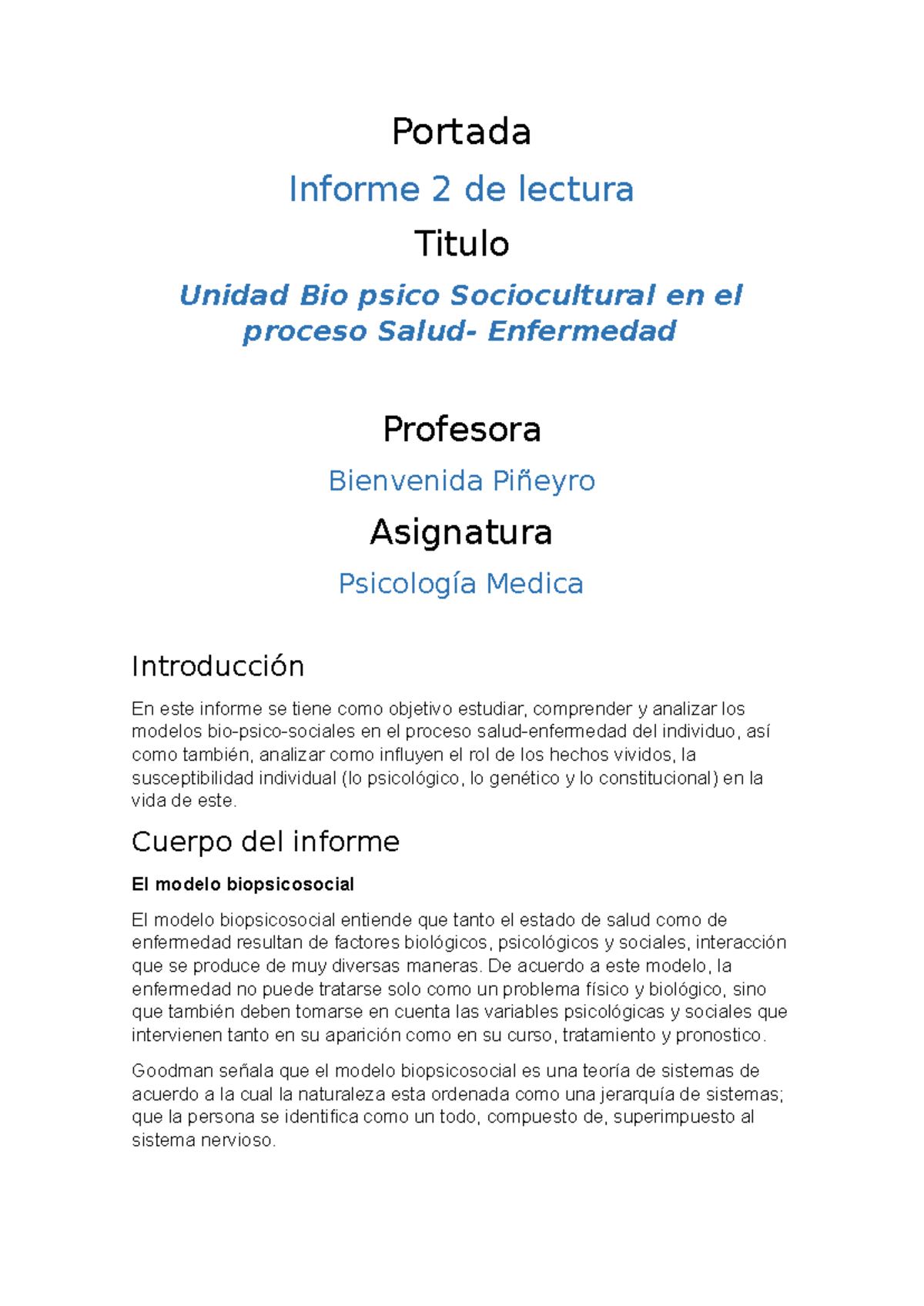 Informe 2 - Portada Informe 2 de lectura Titulo Unidad Bio psico ...