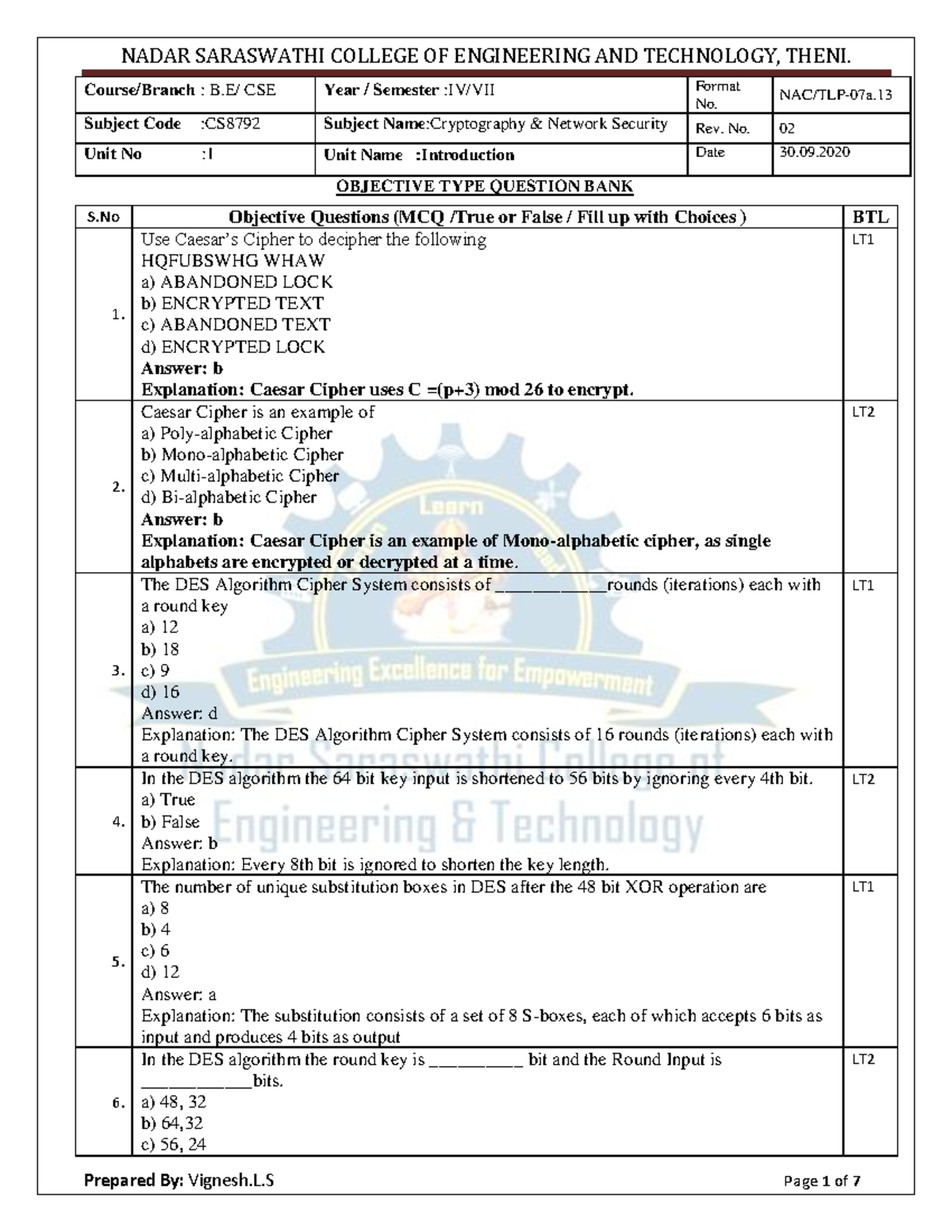 1 - mcq - Course/Branch : B/ CSE Year / Semester :IV/VII Format No. NAC ...