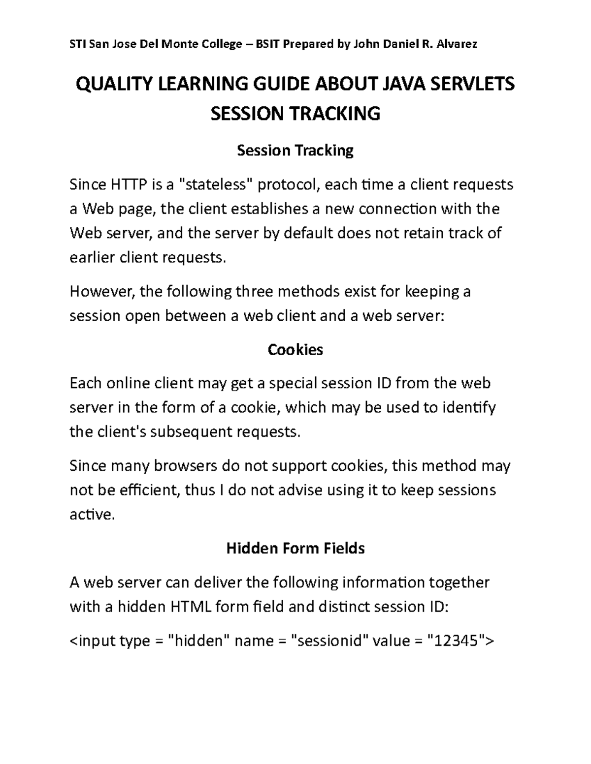 Quality Learning Guide About Java Servlets Session Tracking - QUALITY LEARNING GUIDE ABOUT JAVA ...