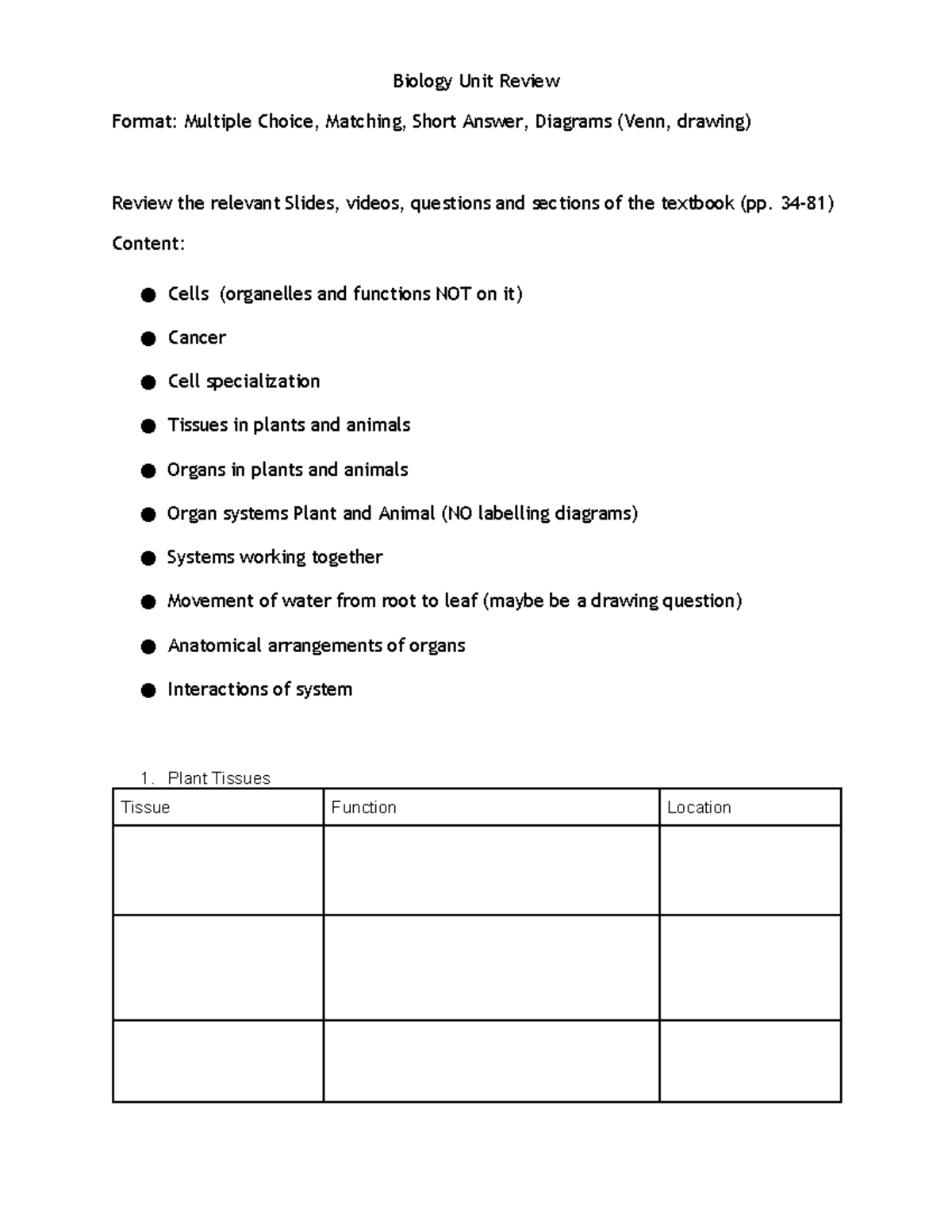 Biology Unit Review D - Biology Unit Review Format: Multiple Choice ...