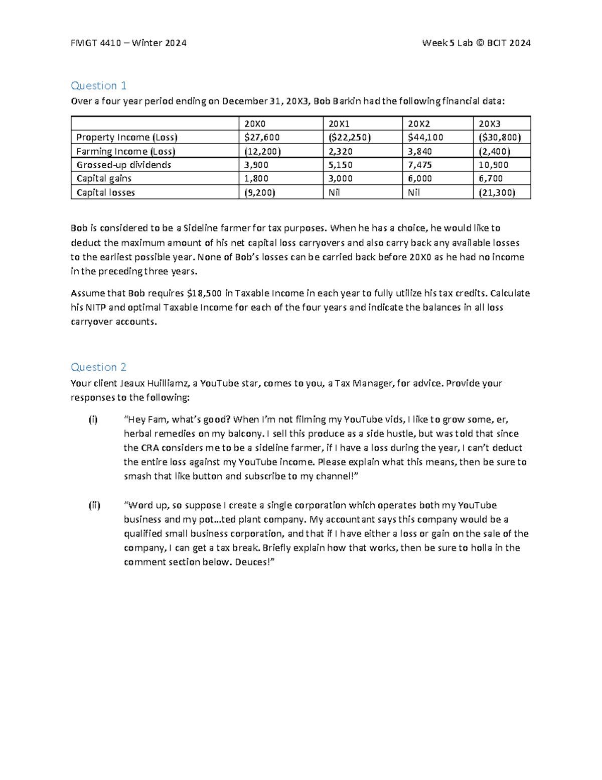 2024 FMGT 4410 Week 5 Lab Questions - FMGT 4410 – Winter 202 4 Week 5 Lab © BCIT 202 4 Question ...