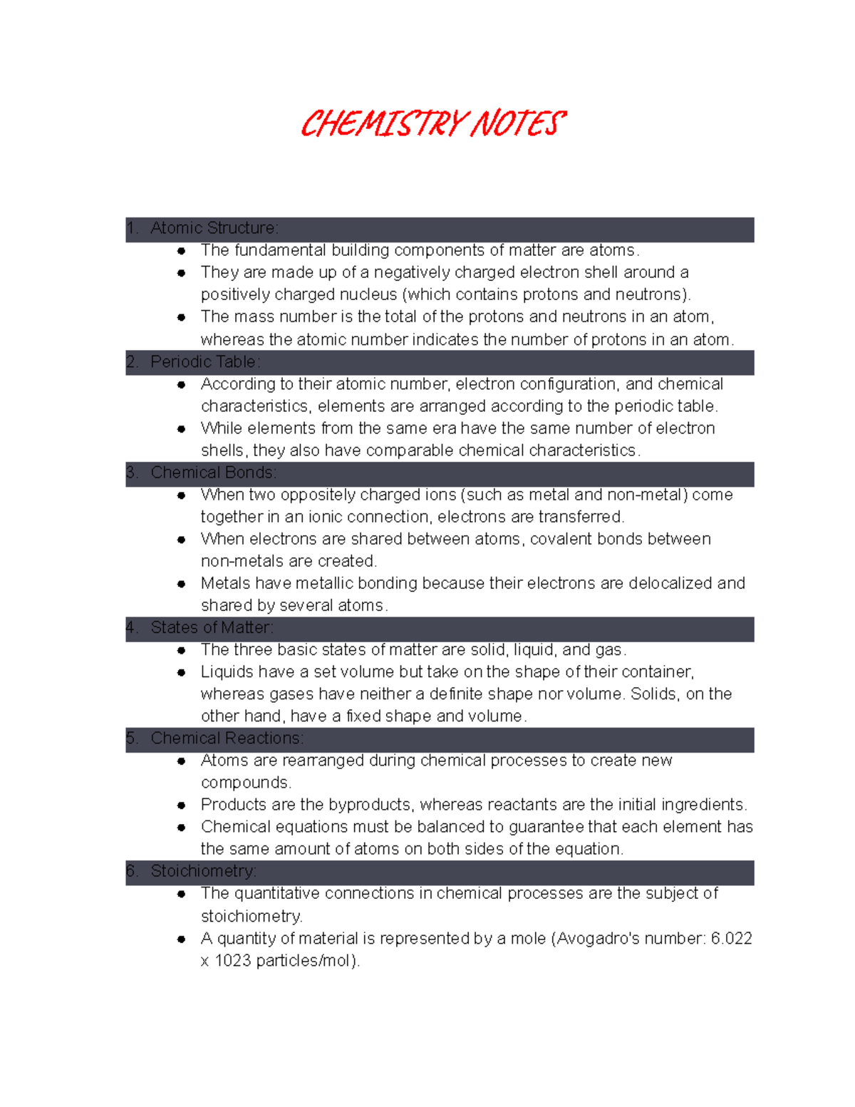 Chem. study notes - These are just a few key points in chemistry ...