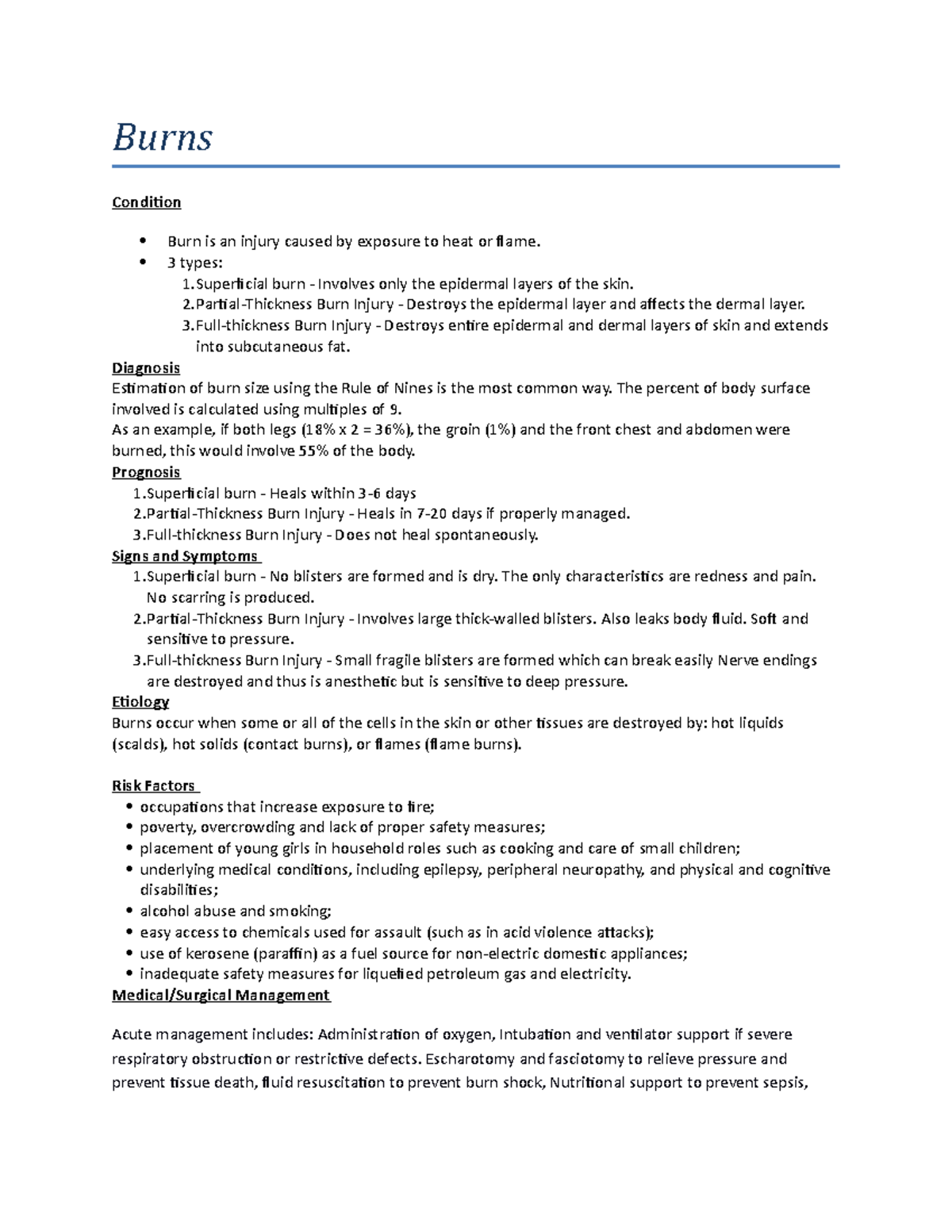 Burns Clinical Condition Pro-Forma - Burns Condition Burn is an injury ...