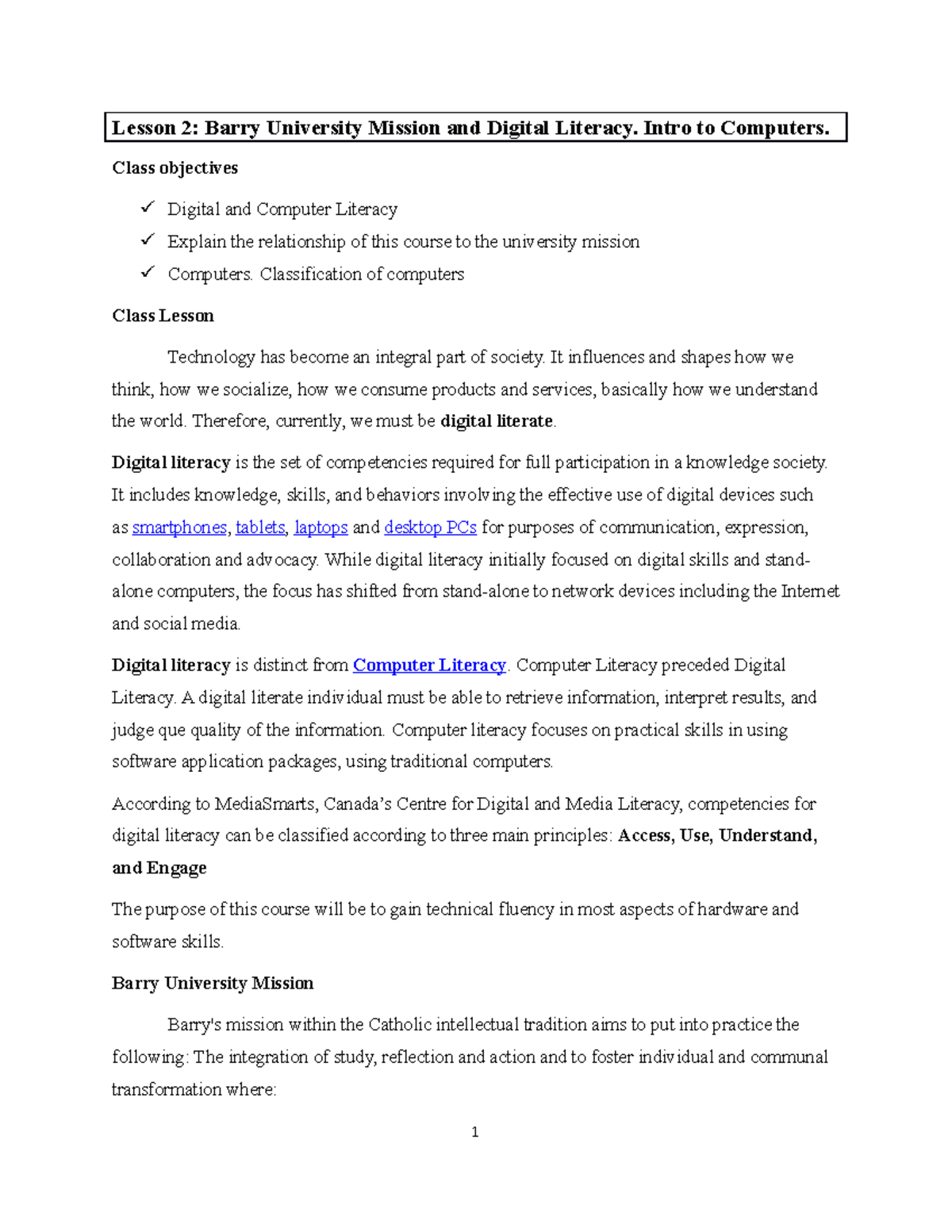 Lesson 2 Barry University Mission and Digital Literacy. Intro to ...
