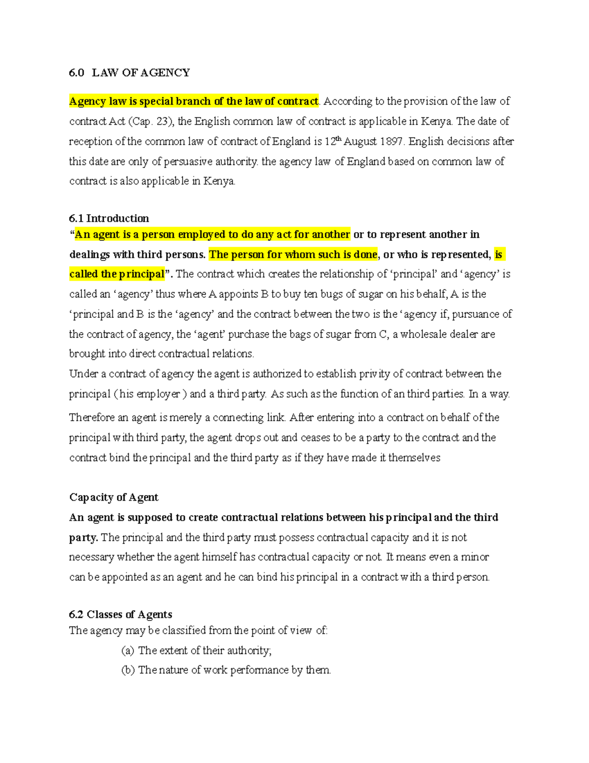 LAW OF Agency - Business information technology - JKUAT - Studocu