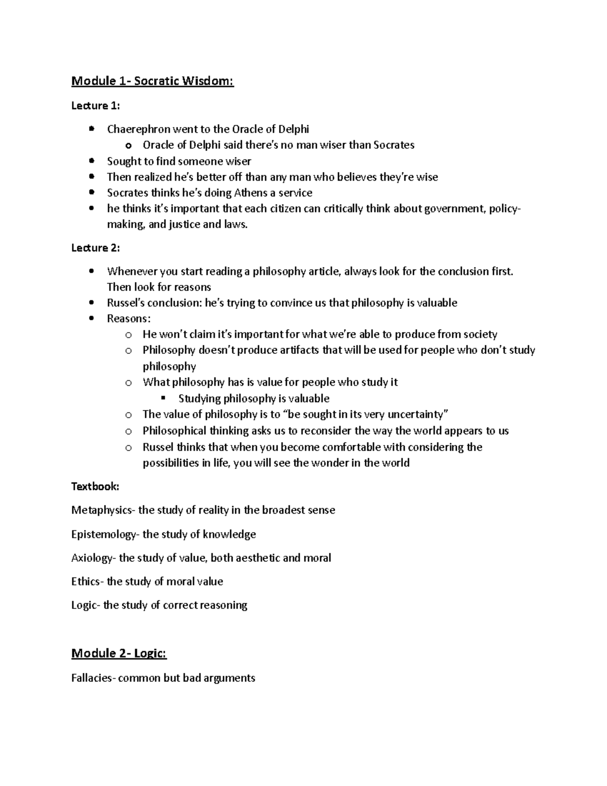 Philosophy Notes - Chapter 1 - Module 1- Socratic Wisdom: Lecture 1 ...