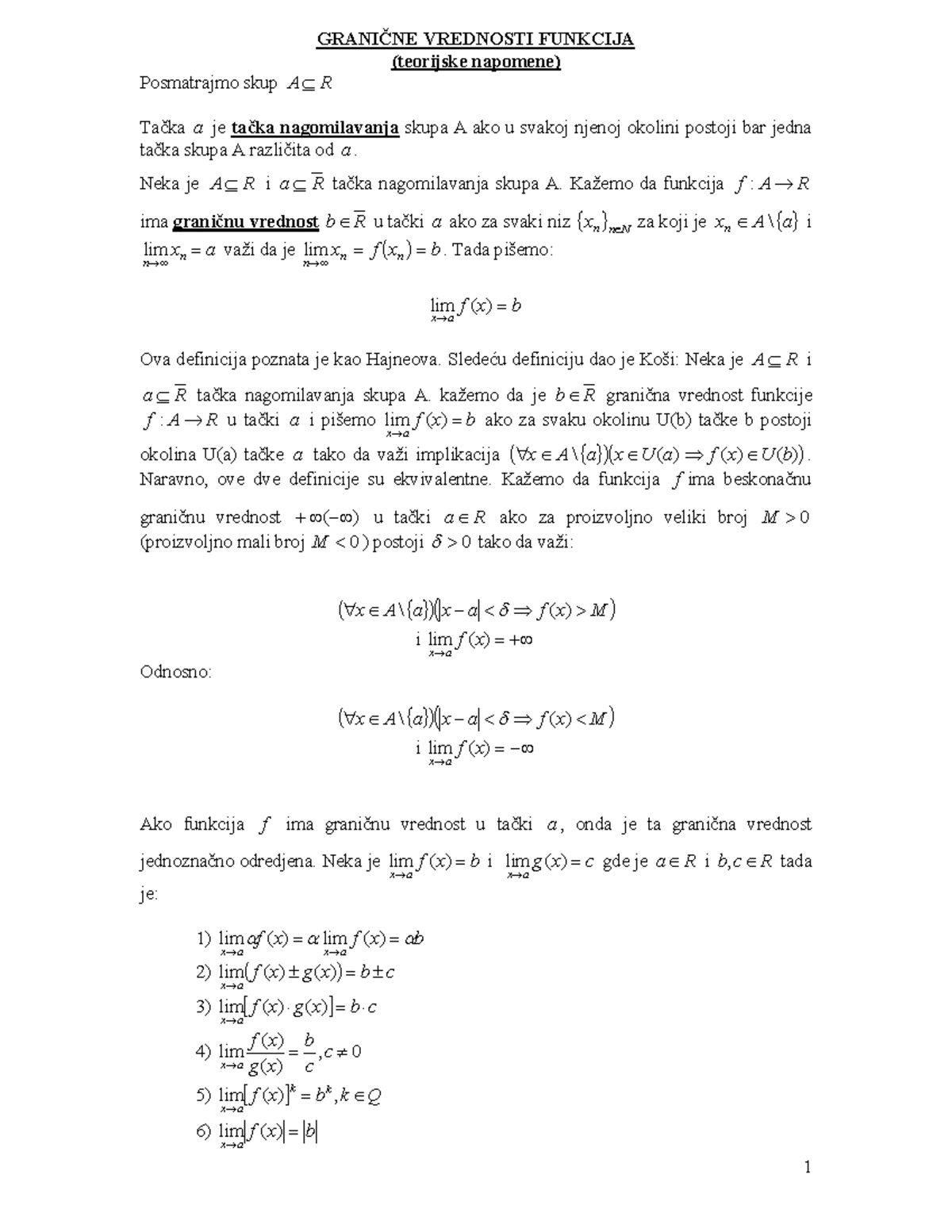 Granicne Vrednosti Funkcija-teorijske napomene - 1 GRANIČNE VREDNOSTI ...