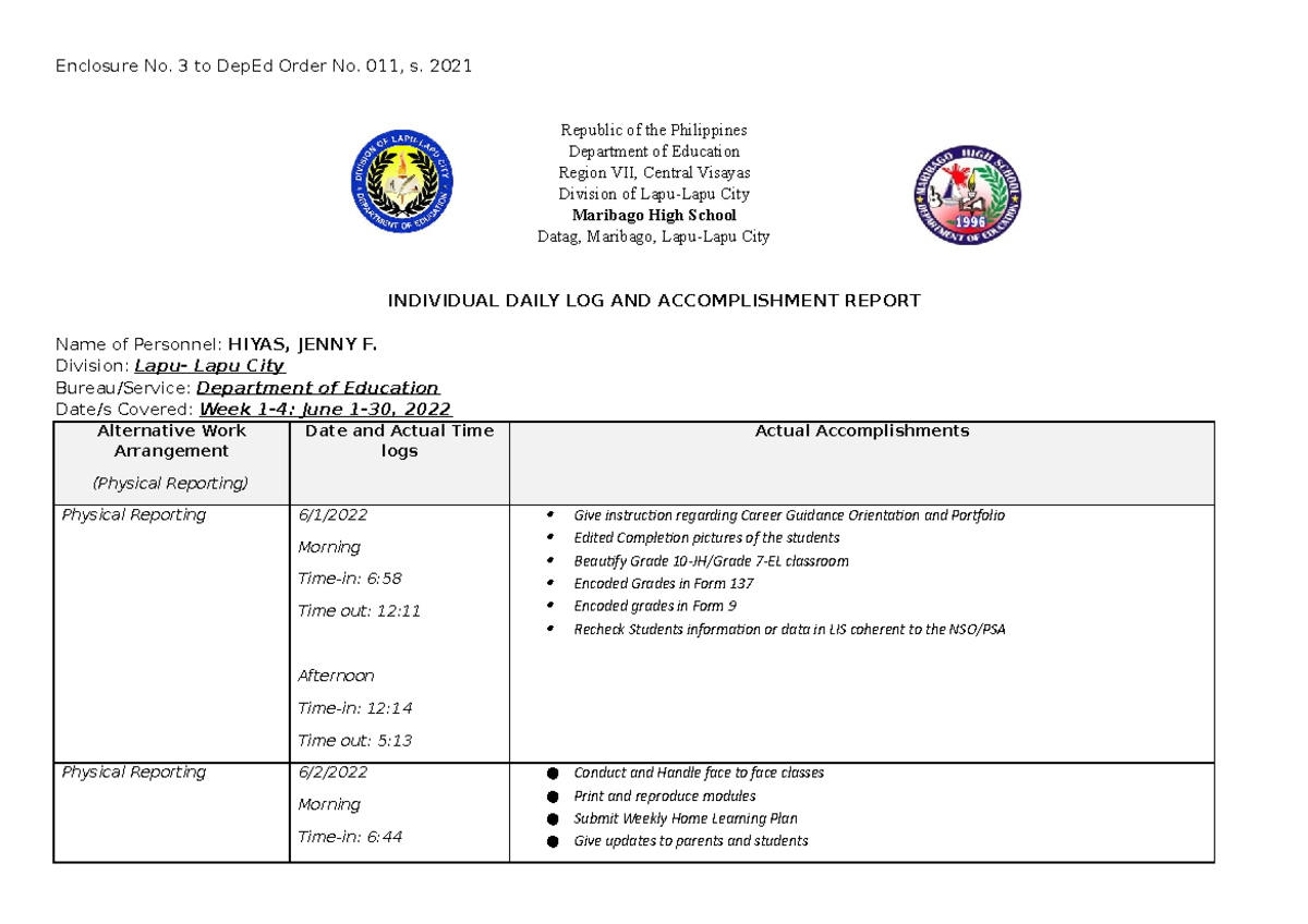 Hiyas, Jenny F.- Accomplishment Report JUNE 1-30 - Enclosure No. 3 to ...