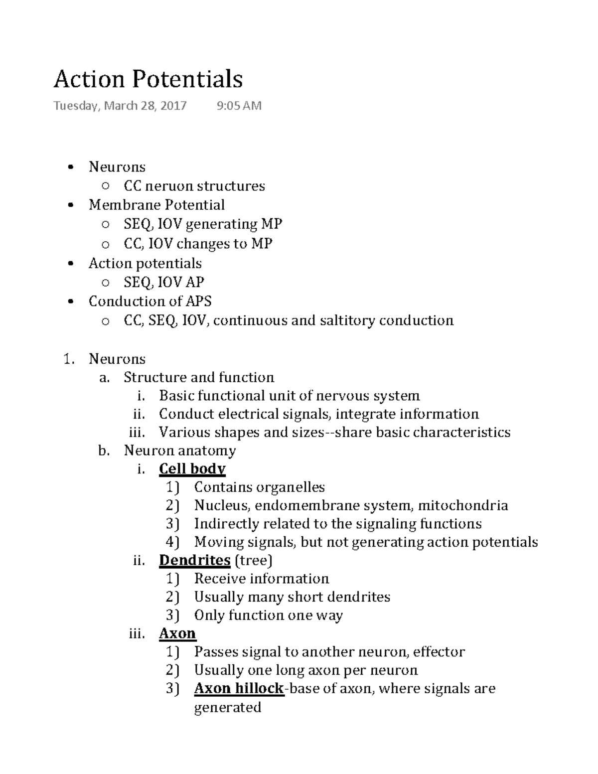Action Potentials - Lecture notes 18 - Action Potentials Tuesday, March ...