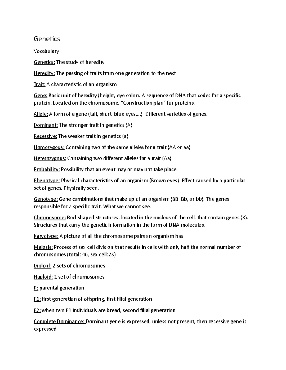 Genetics study guide - Lecture notes 5-8 - Genetics Vocabulary Genetics ...