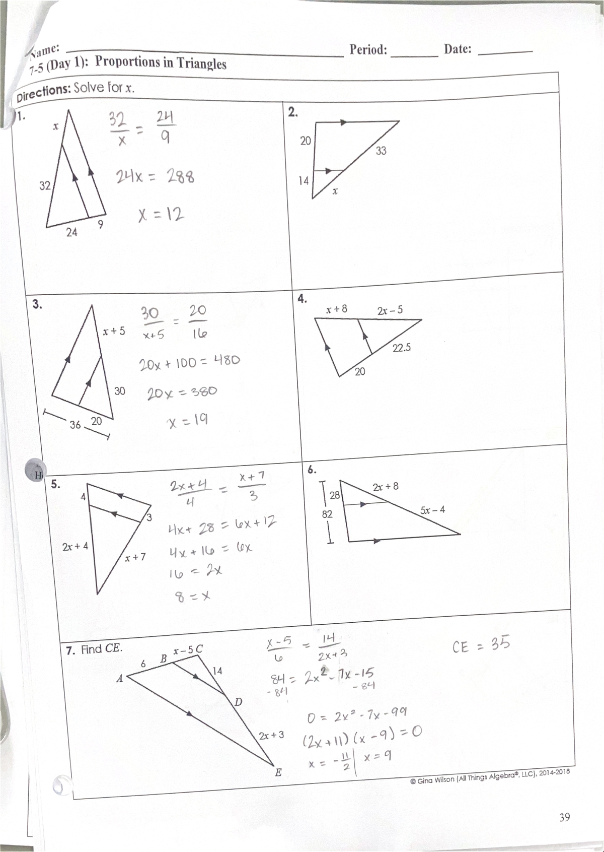 Week 16 Mon. Dec. 9 Chpt. 7 HW pp 39-40 (Odd); Proportions in Triangles ...