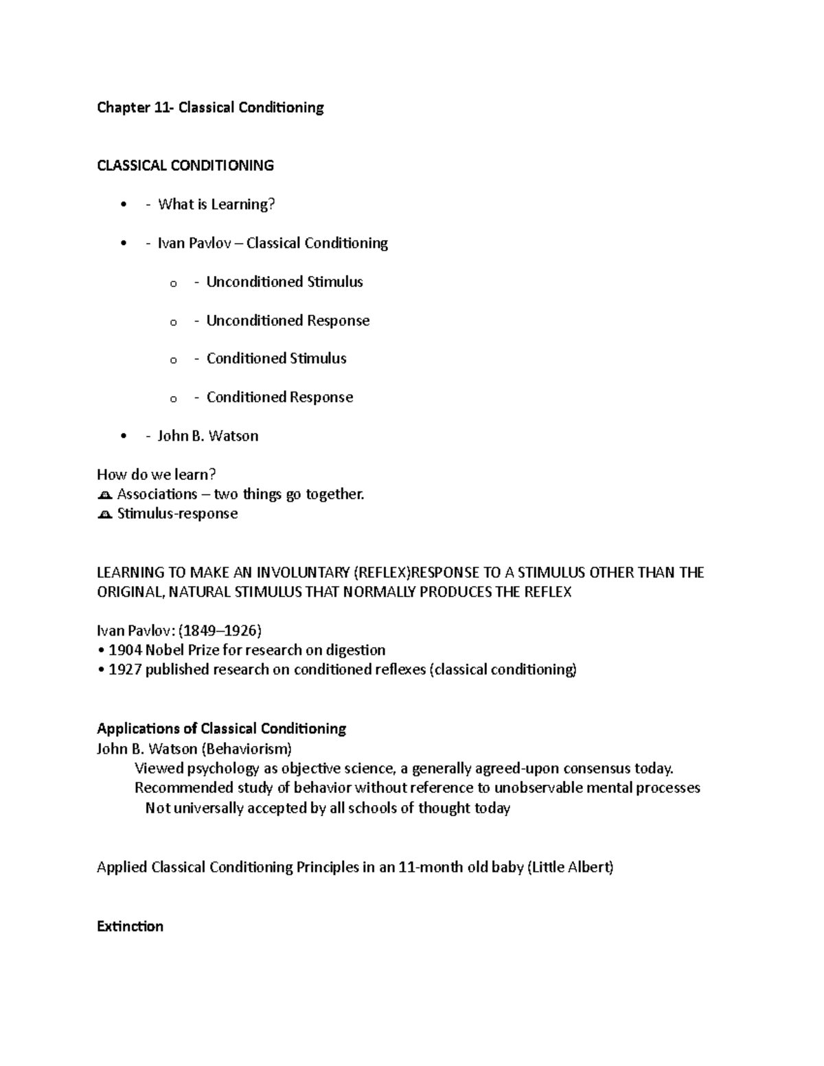 Chapter 11 notes - Chapter 11- Classical Conditioning CLASSICAL ...