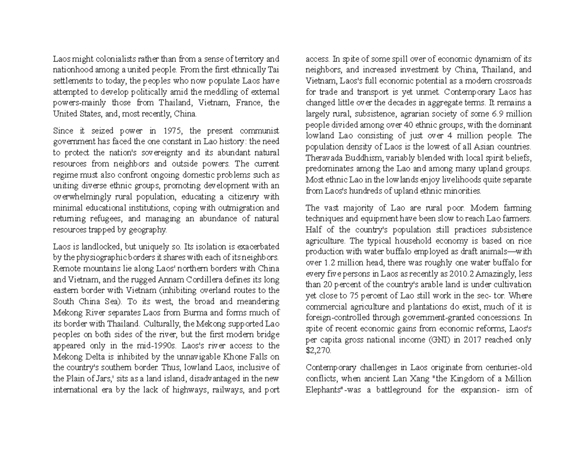 Lao - laos - Laos might colonialists rather than from a sense of ...