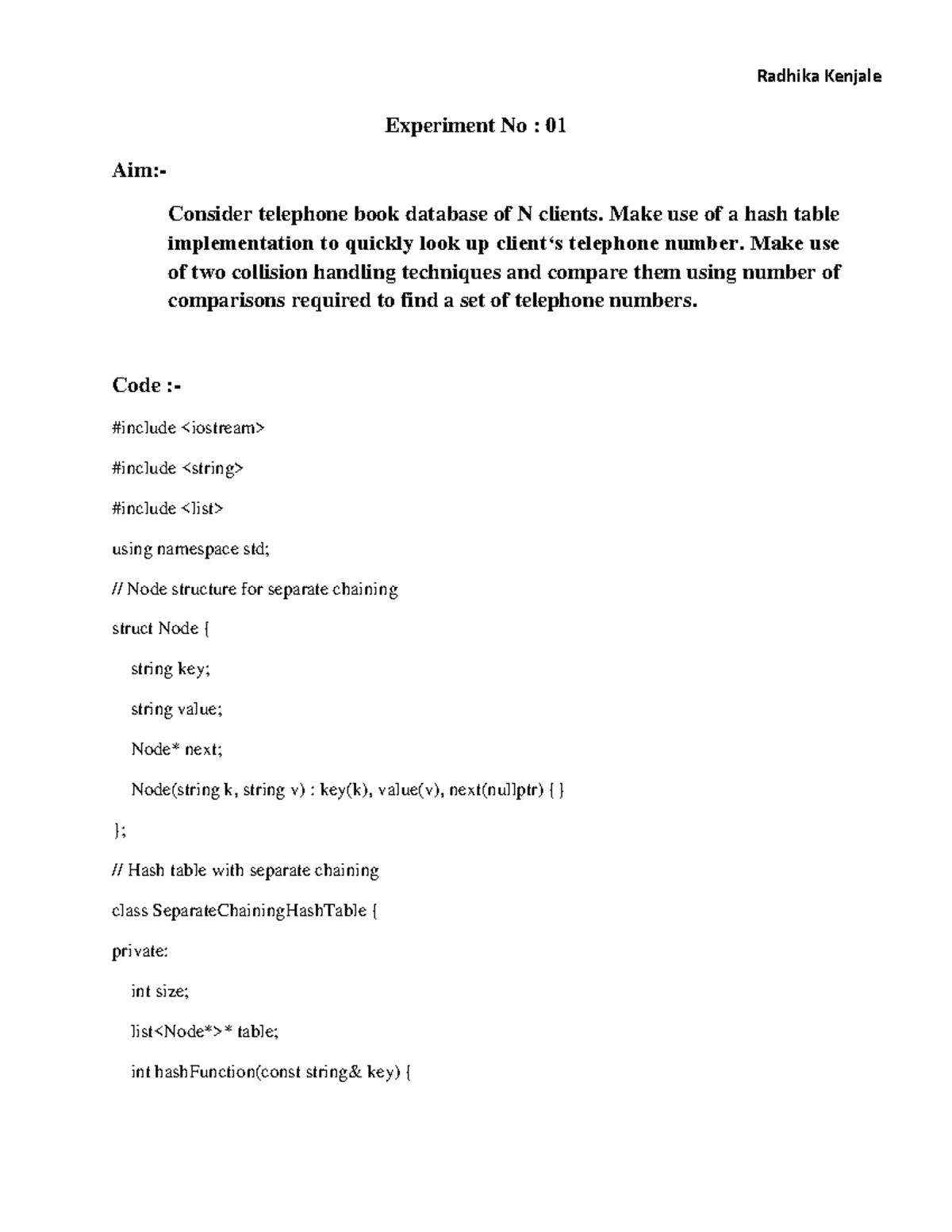 DSA practical Radhika - Aim:- Experiment No : 01 Consider telephone book database of N clients ...