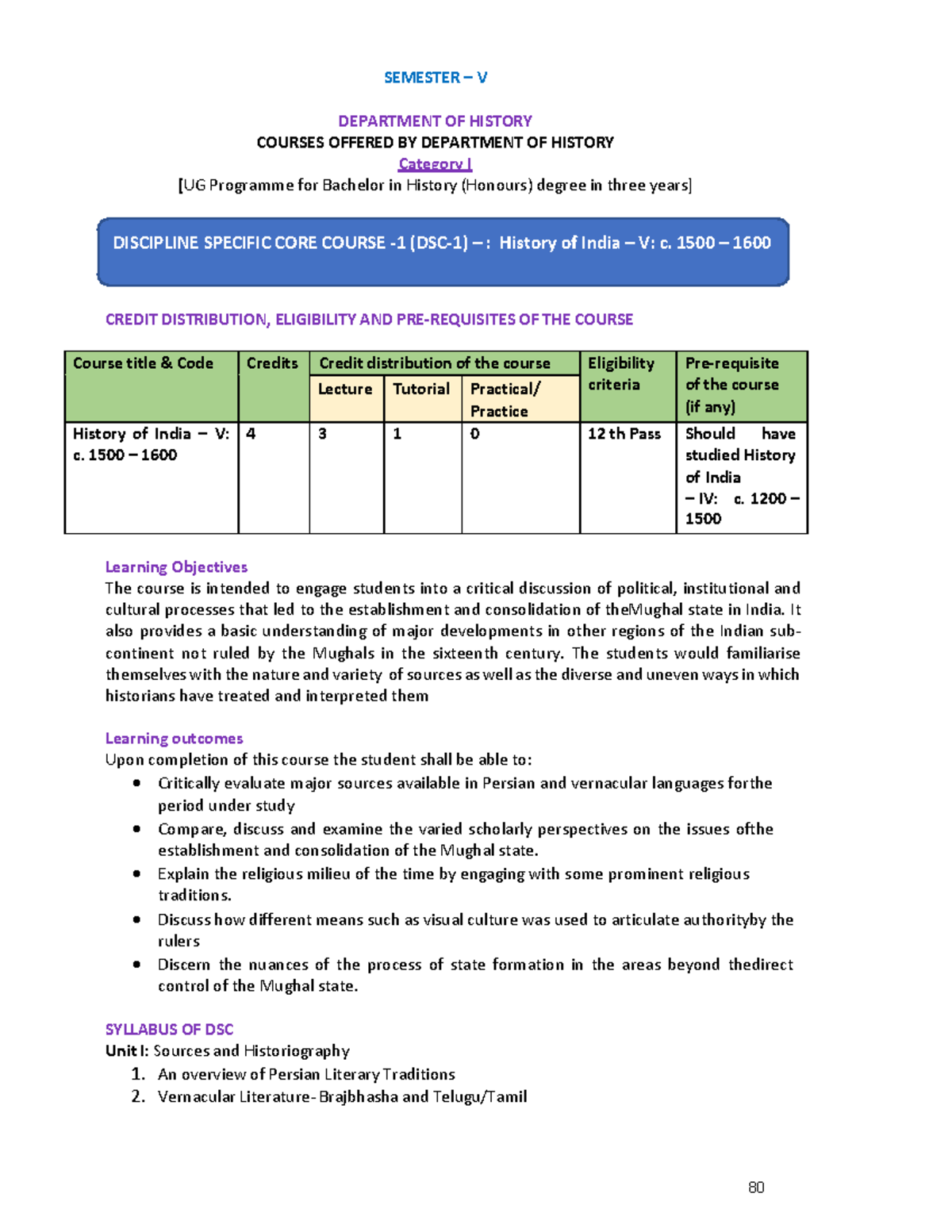 SEM5 Syllabus - SEMESTER – V DEPARTMENT OF HISTORY COURSES OFFERED BY ...