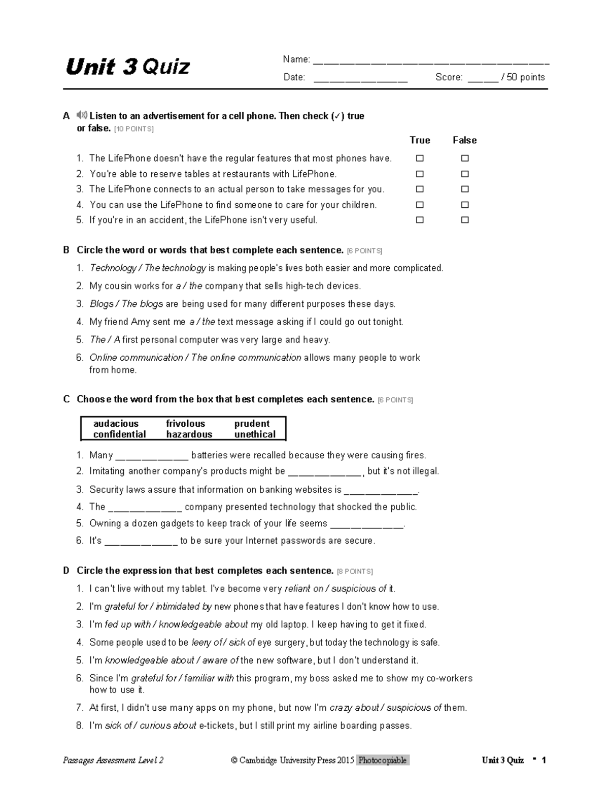 PAS3e L2 WQ U03 - Passages 2 3rd Edition Quiz Unit 3 - Unit 3 Quiz Name ...