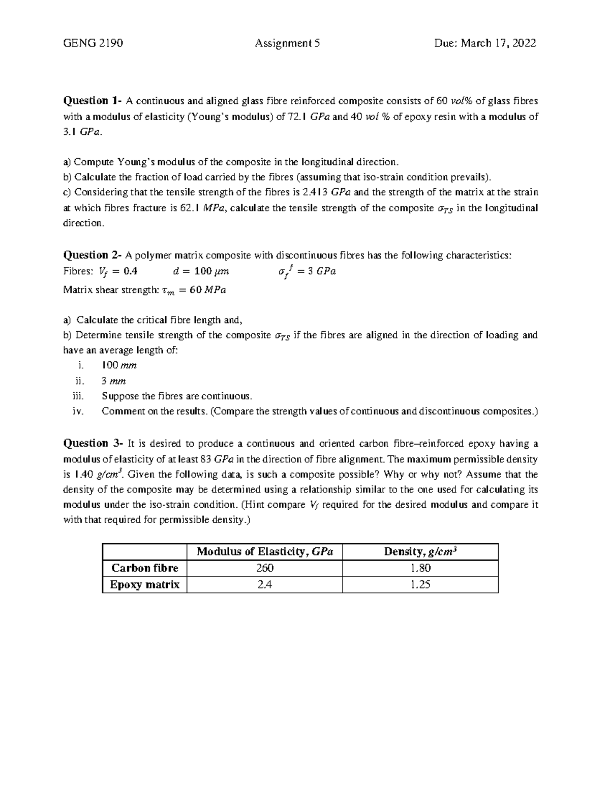 Assignment 5-Questions(1) - GENG 2190 Assignment 5 Due: March 17, 2022 ...