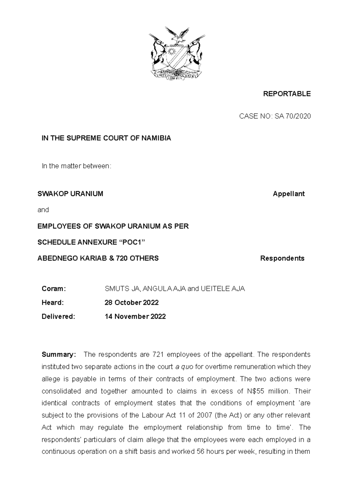 2022-nasc-36 - Full case - REPORTABLE CASE NO: SA 70/ IN THE SUPREME COURT OF NAMIBIA In the ...
