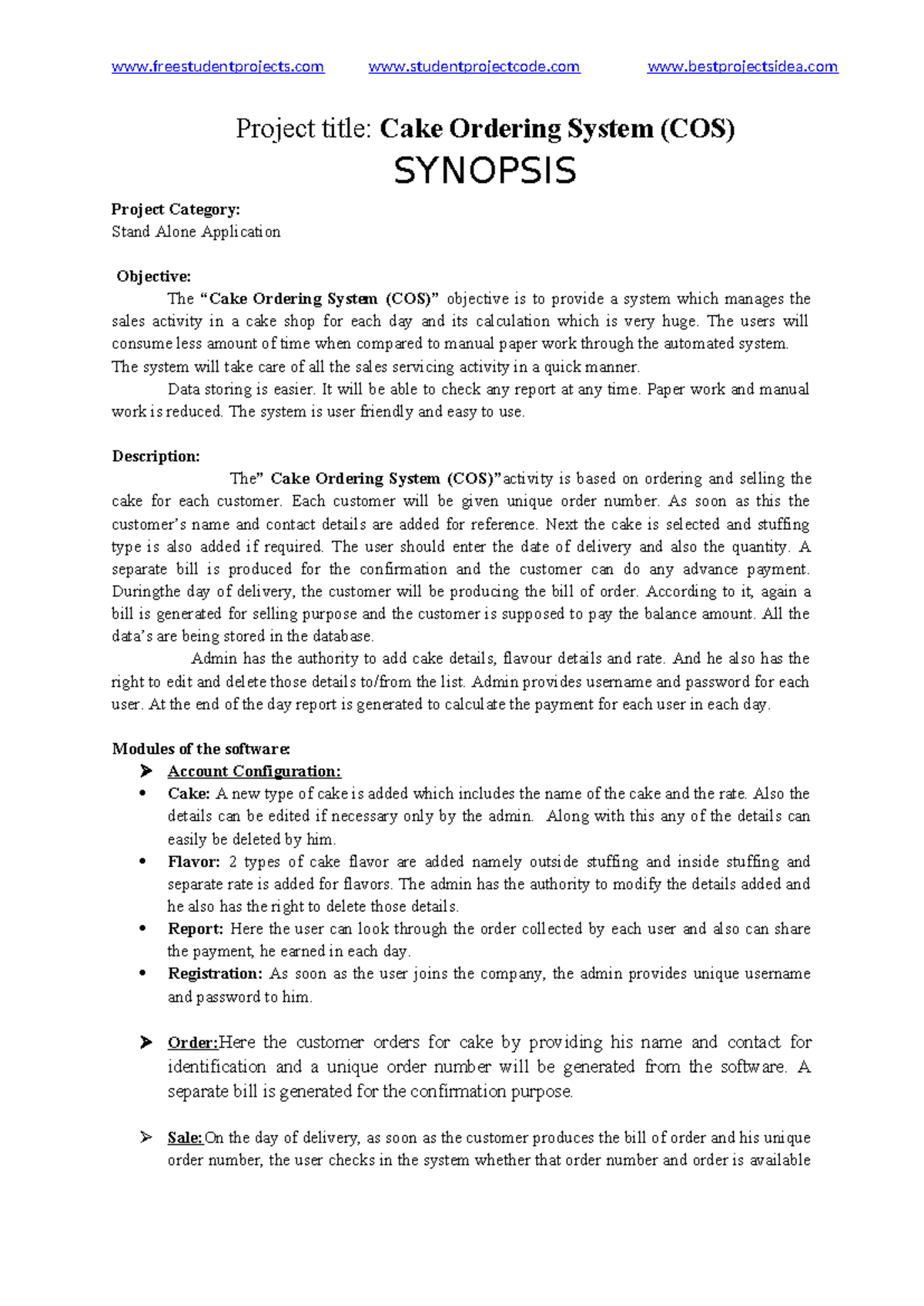 Cake Ordering System - report - Project title: Cake Ordering System (COS) SYNOPSIS Project ...