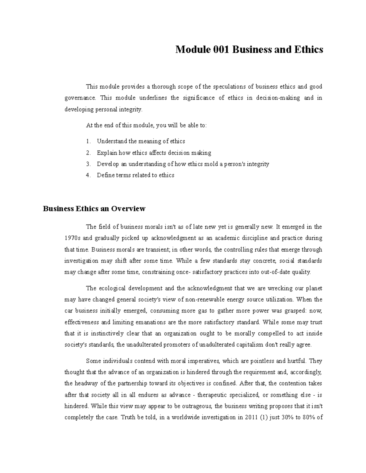 Module 001 Business and Ethics - Module 001 Business and Ethics This module provides a thorough ...