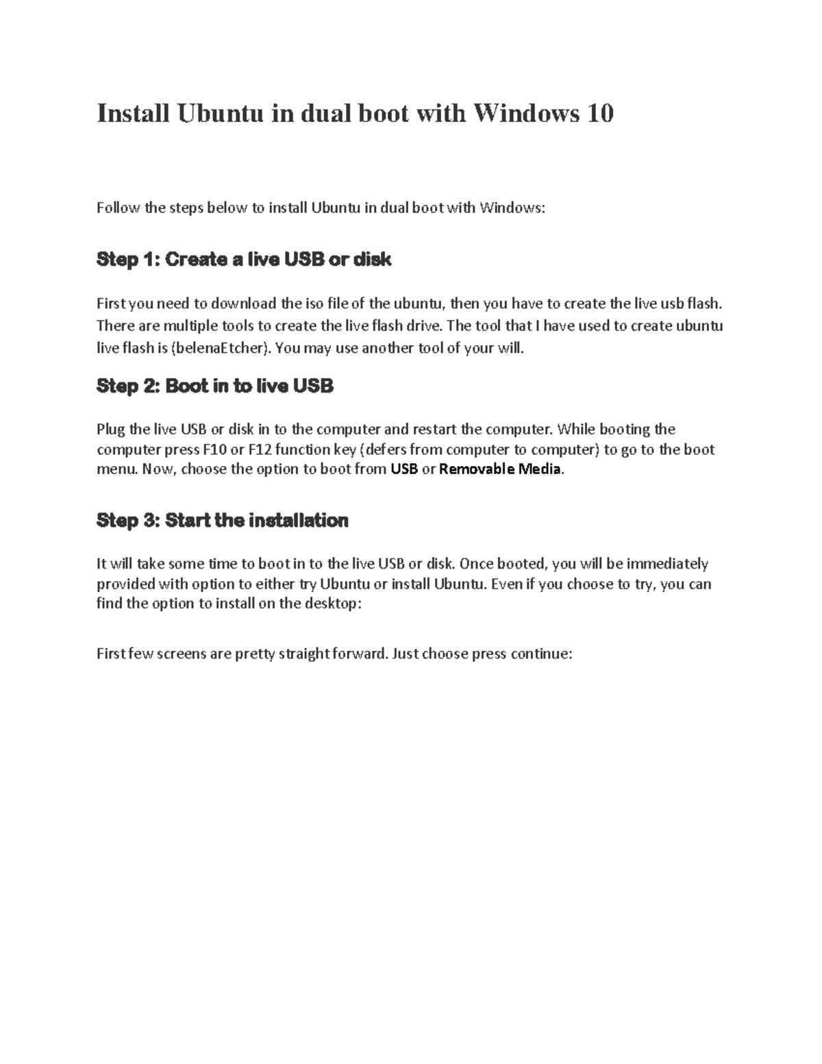 Steps for the dual boot - Install Ubuntu in dual boot with Windows 10 ...