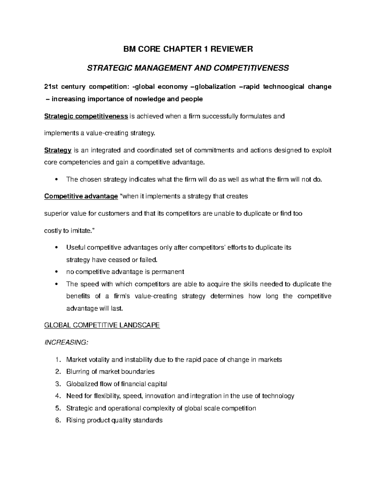 BM CORE Chapter 1 Reviewer Strategic Management and Competitiveness - BM CORE CHAPTER 1 REVIEWER ...