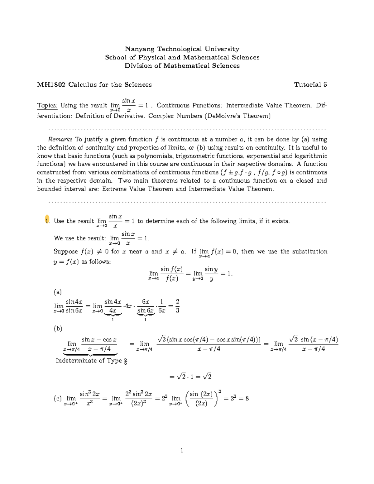 Tutorial 5 solutions - Nanyang Technological University School of ...