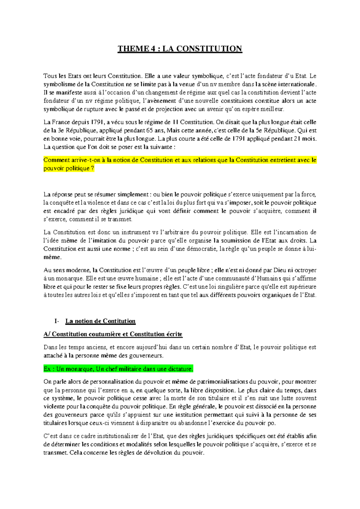 Theme 4 La constitution - THEME 4 : LA CONSTITUTION Tous les Etats ont ...