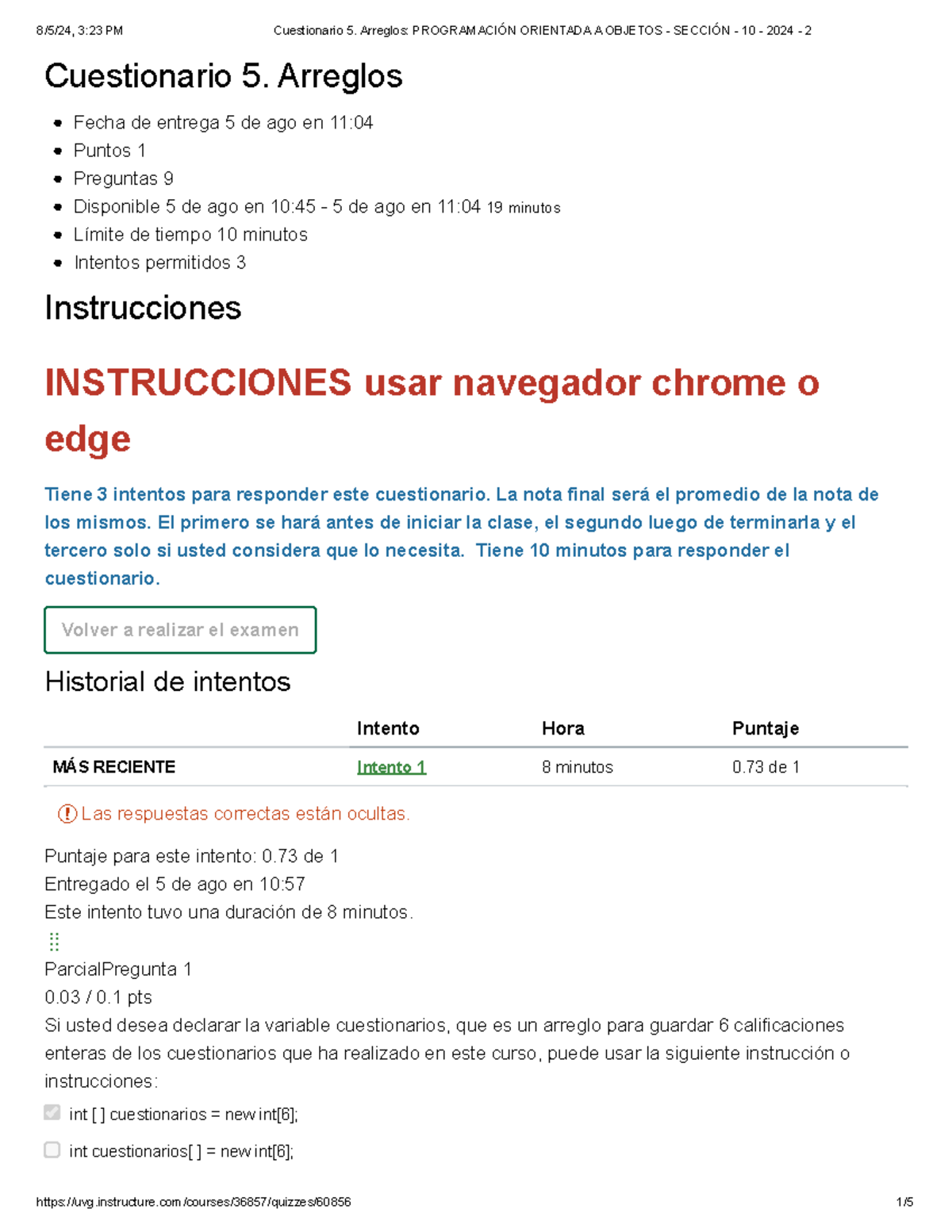 Cuestionario 5. Arreglos Programación Orientada A Objetos ...