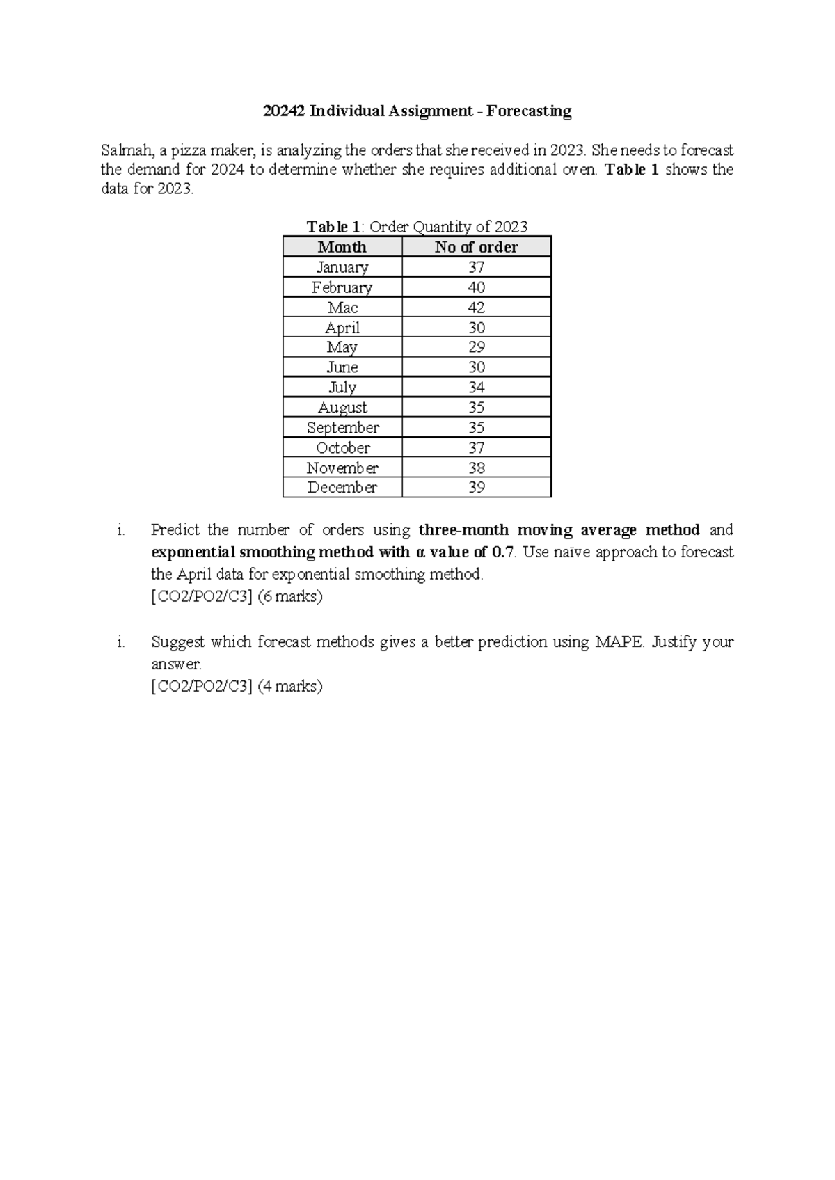 Individual Assignment 1 Forecasting - 20242 Individual Assignment - Forecasting Salmah, a pizza ...