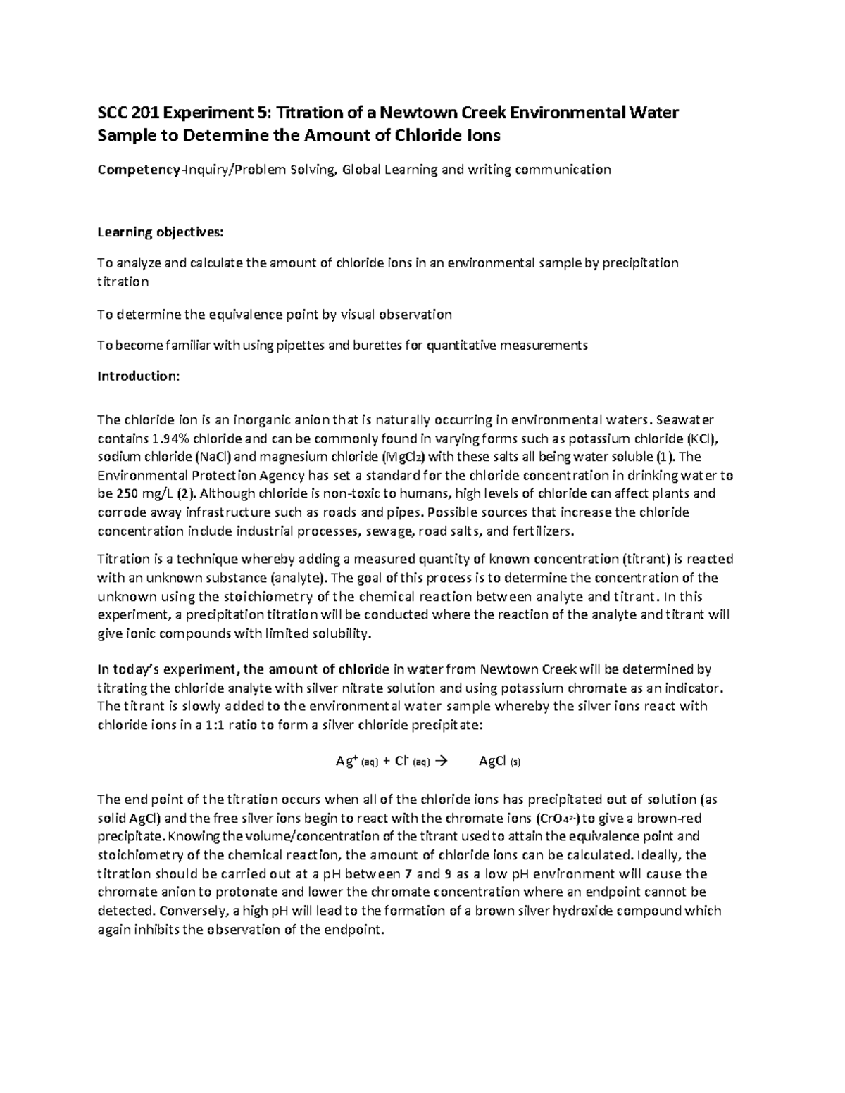 Lab 5 Newtown Creek Chloride Titration - SCC 201 Experiment 5 ...