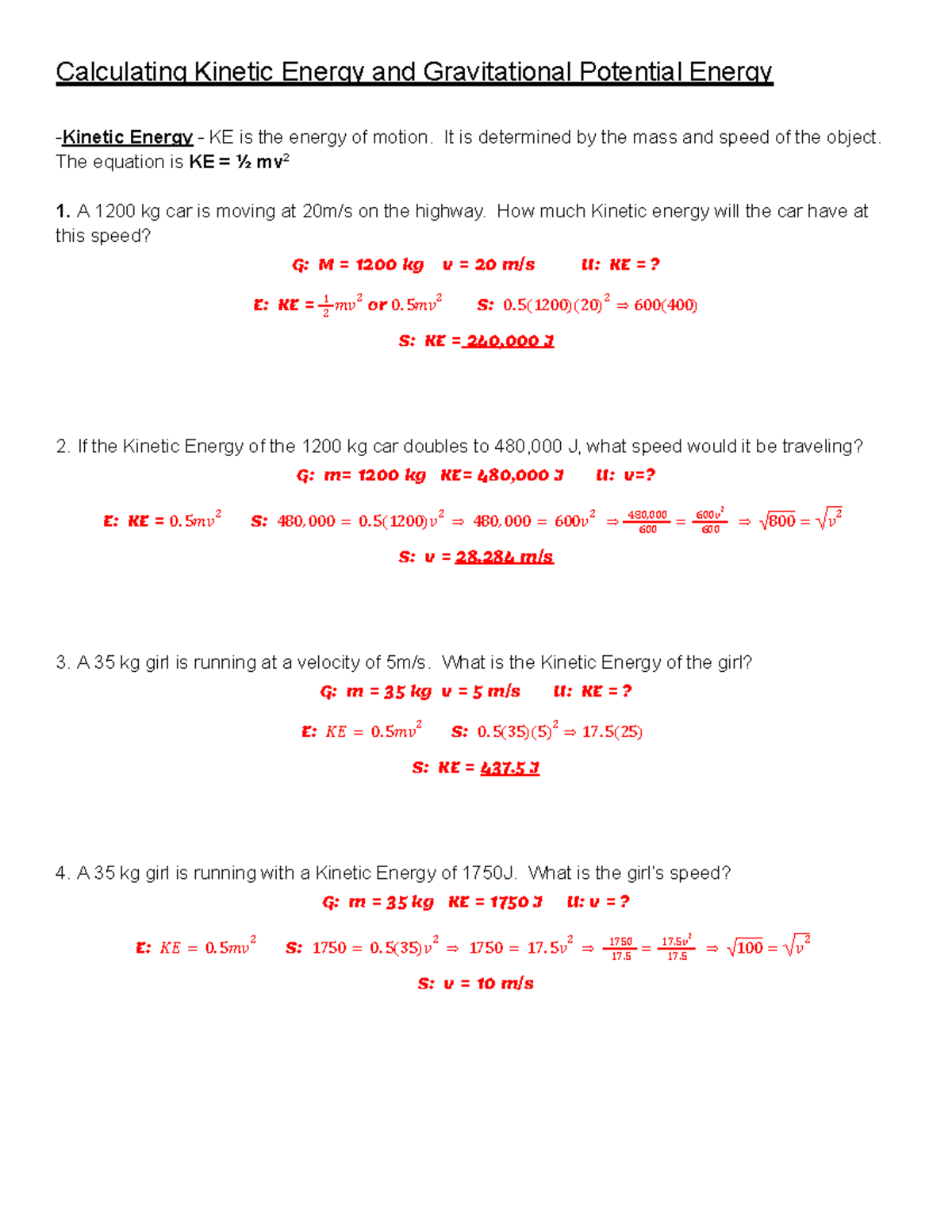KE, PE, Work Problems 2 - unit 2 assignment - Calculating Kinetic ...