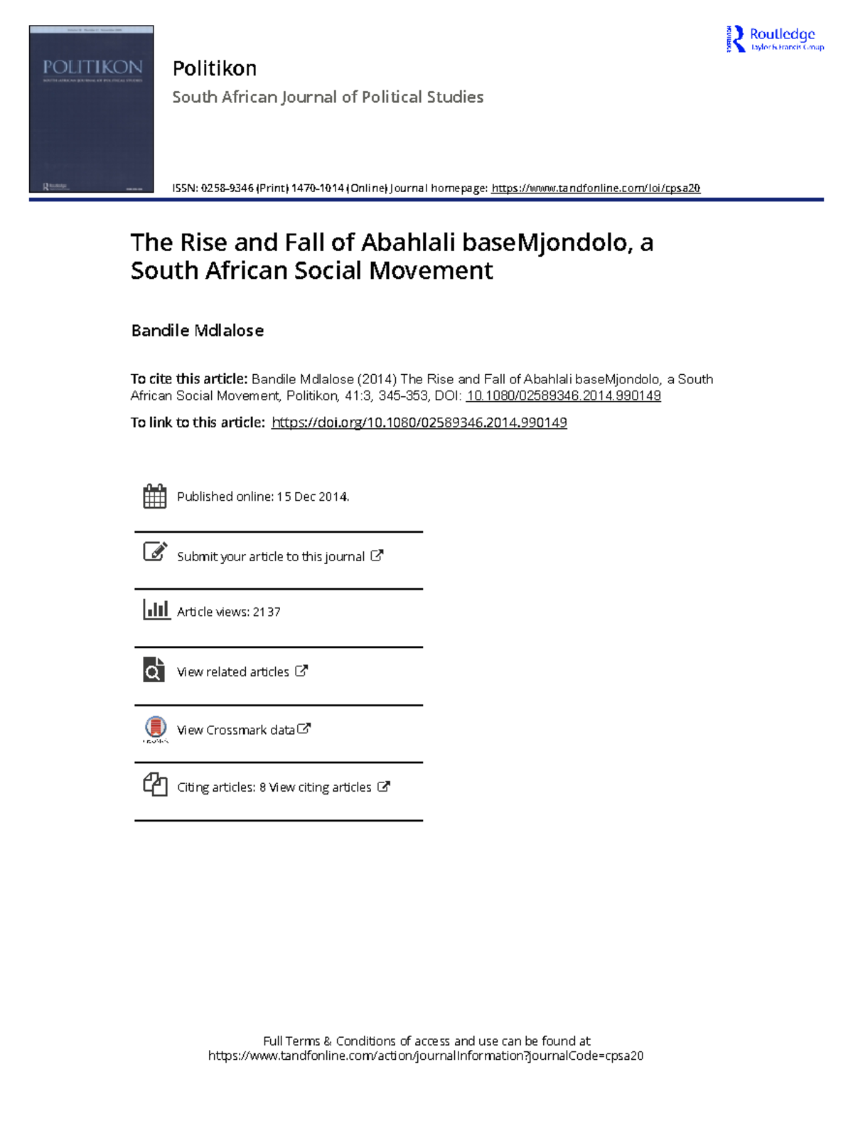 The Rise and Fall of Abahlali base Mjondolo a South African Social ...