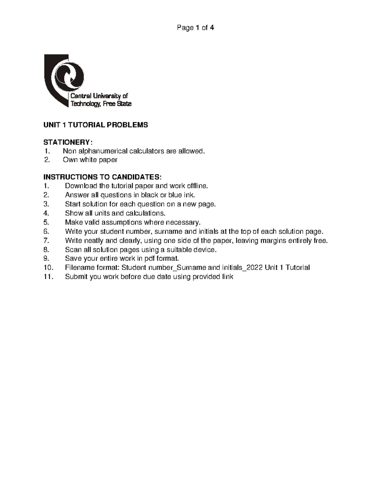 Unit 1 Tutorial Problems - UNIT 1 TUTORIAL PROBLEMS STATIONERY: Non alphanumerical calculators ...