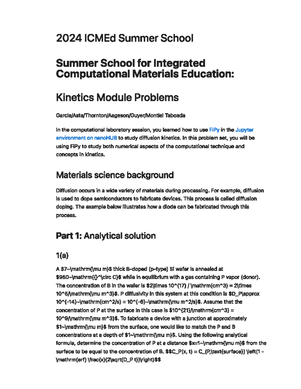Kinetics Module Problems - In this problem set, you will be using FiPy ...