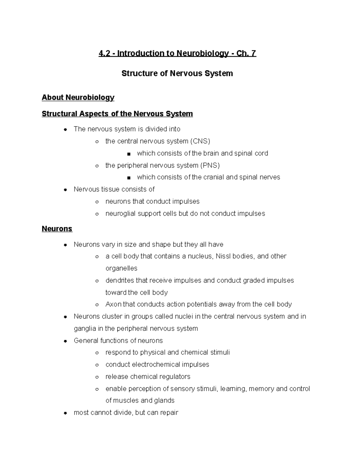Week 4- Ch 7,8 Study Notes - 4 - Introduction to Neurobiology - Ch. 7 ...