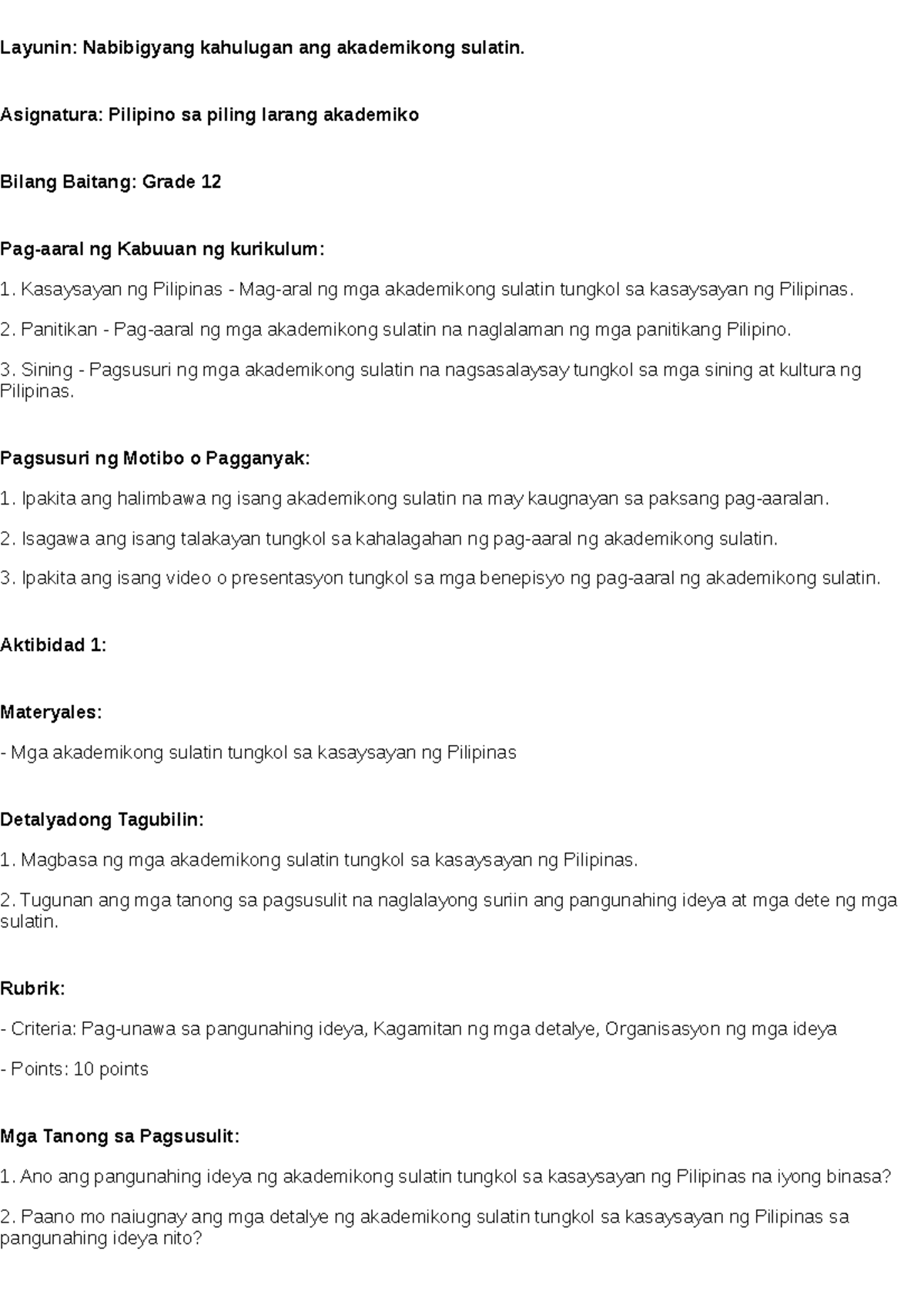 Lesson plan - Lecture - Layunin: Nabibigyang kahulugan ang akademikong ...