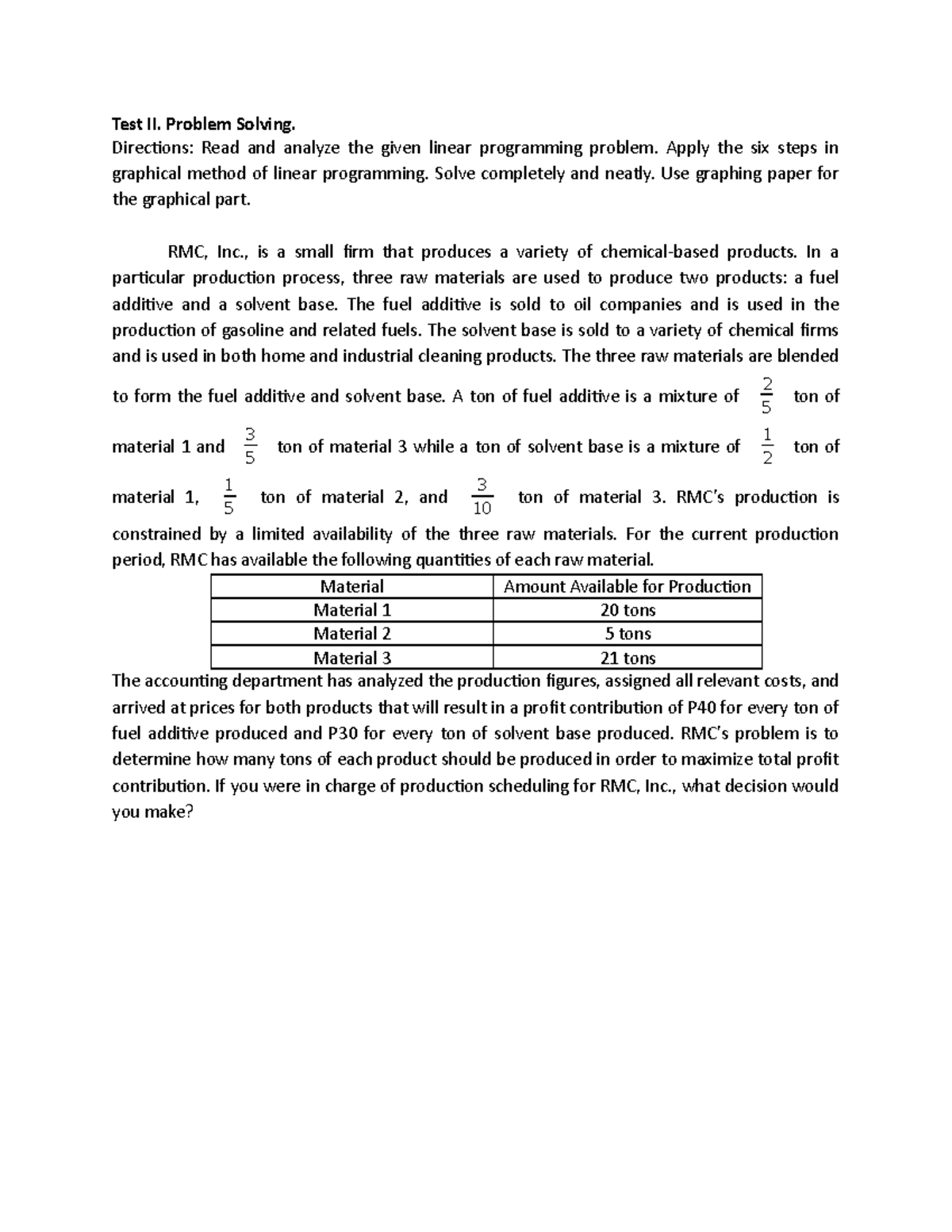 Midterm exam part 2 - exam - Test II. Problem Solving. Directions: Read ...