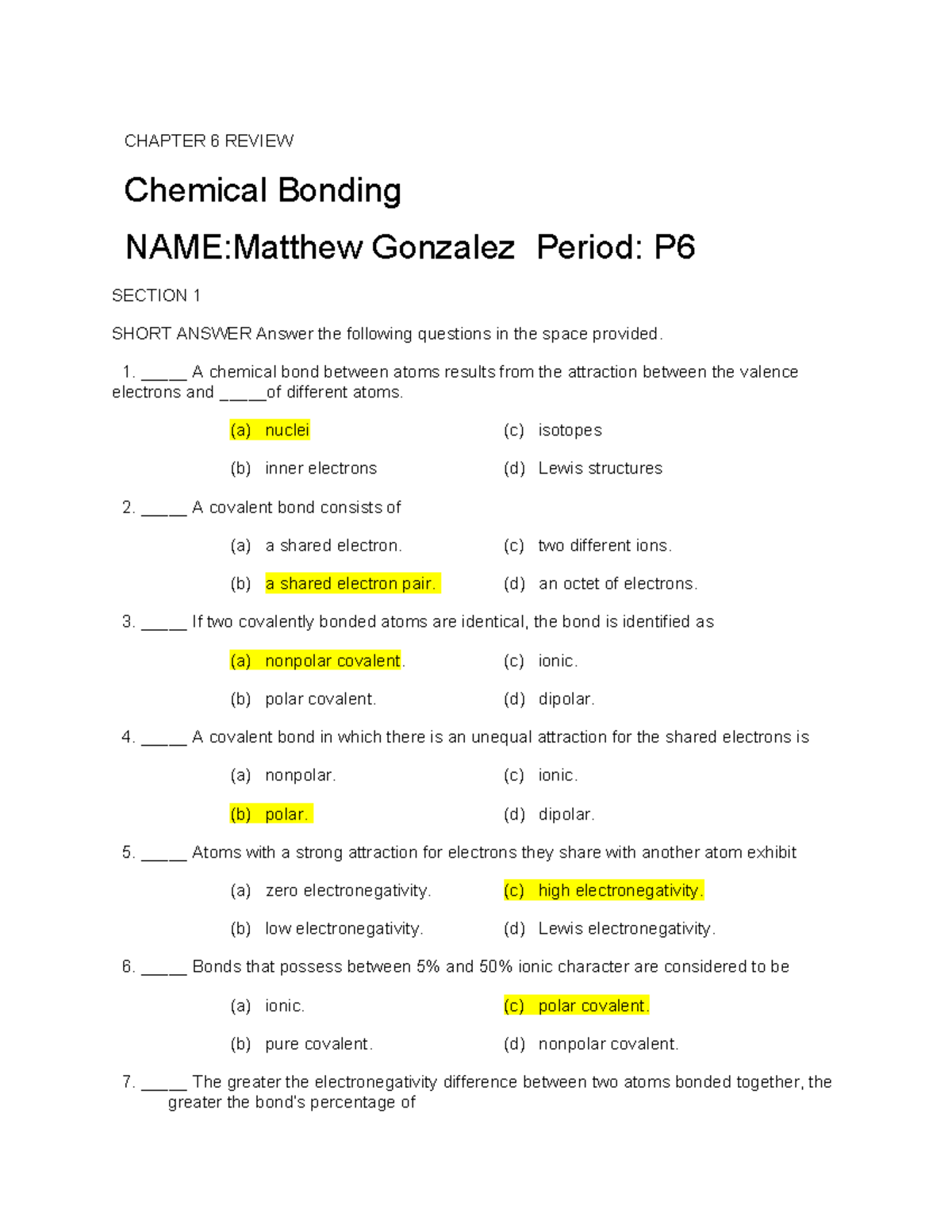 CH 6 Study guide - ch 6 - CHAPTER 6 REVIEW Chemical Bonding NAME ...
