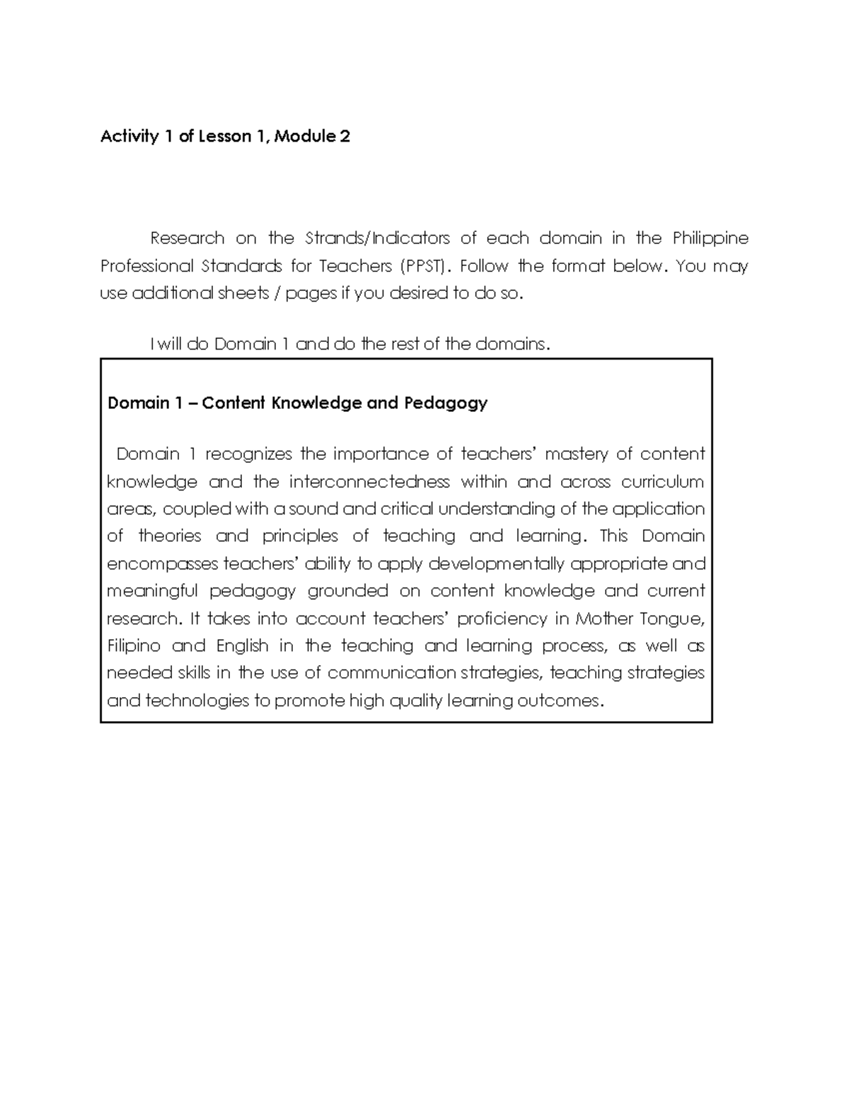 7 Domain OF PPST - Activity 1 of Lesson 1, Module 2 Research on the ...