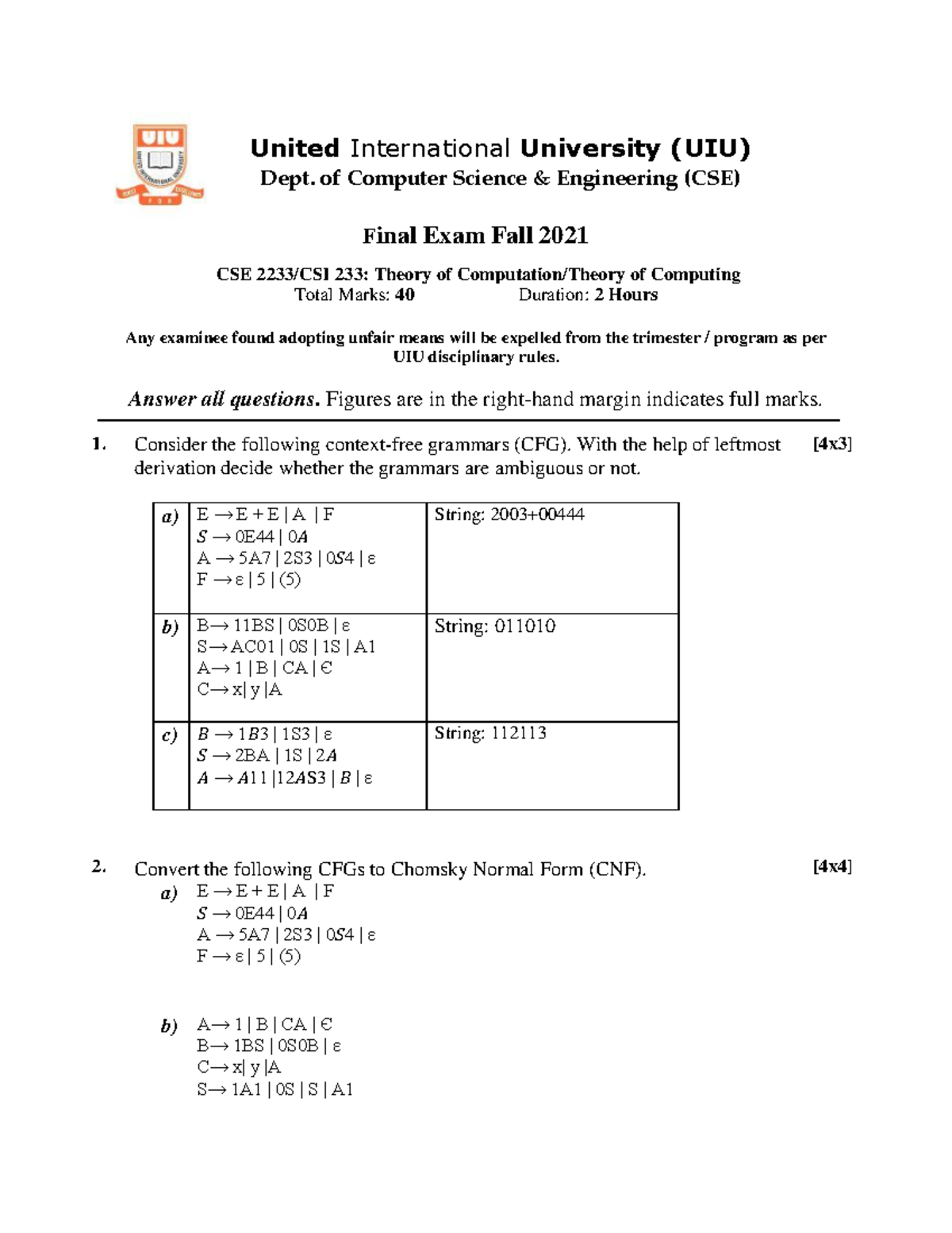 Final Exam Question 213 CSE2233 C NSS - Final Exam Fall 2021 CSE 2233/CSI 233: Theory of - Studocu